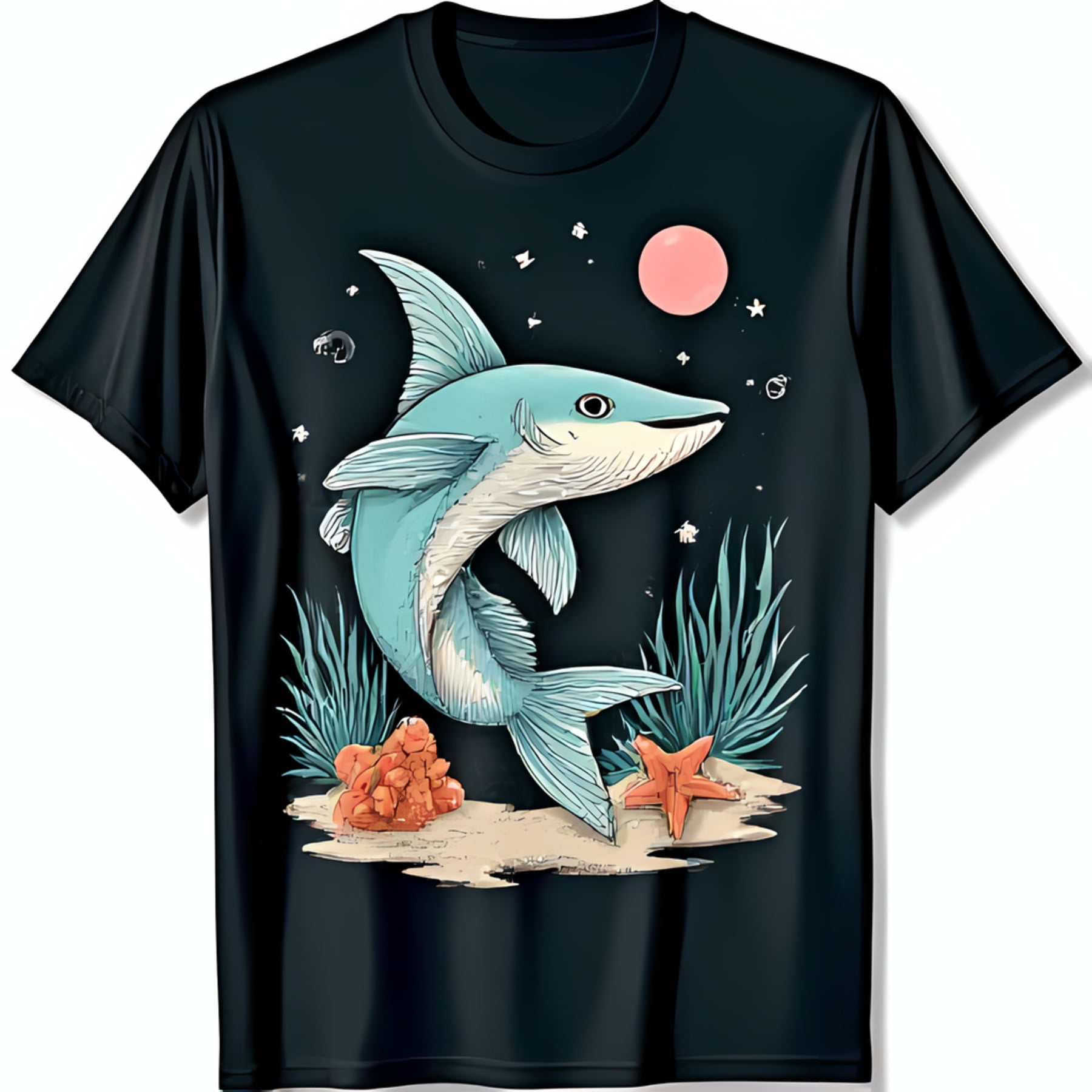 Black T-Shirt with Blue Fish Design Swimming in Ocean Coral Reefs ...
