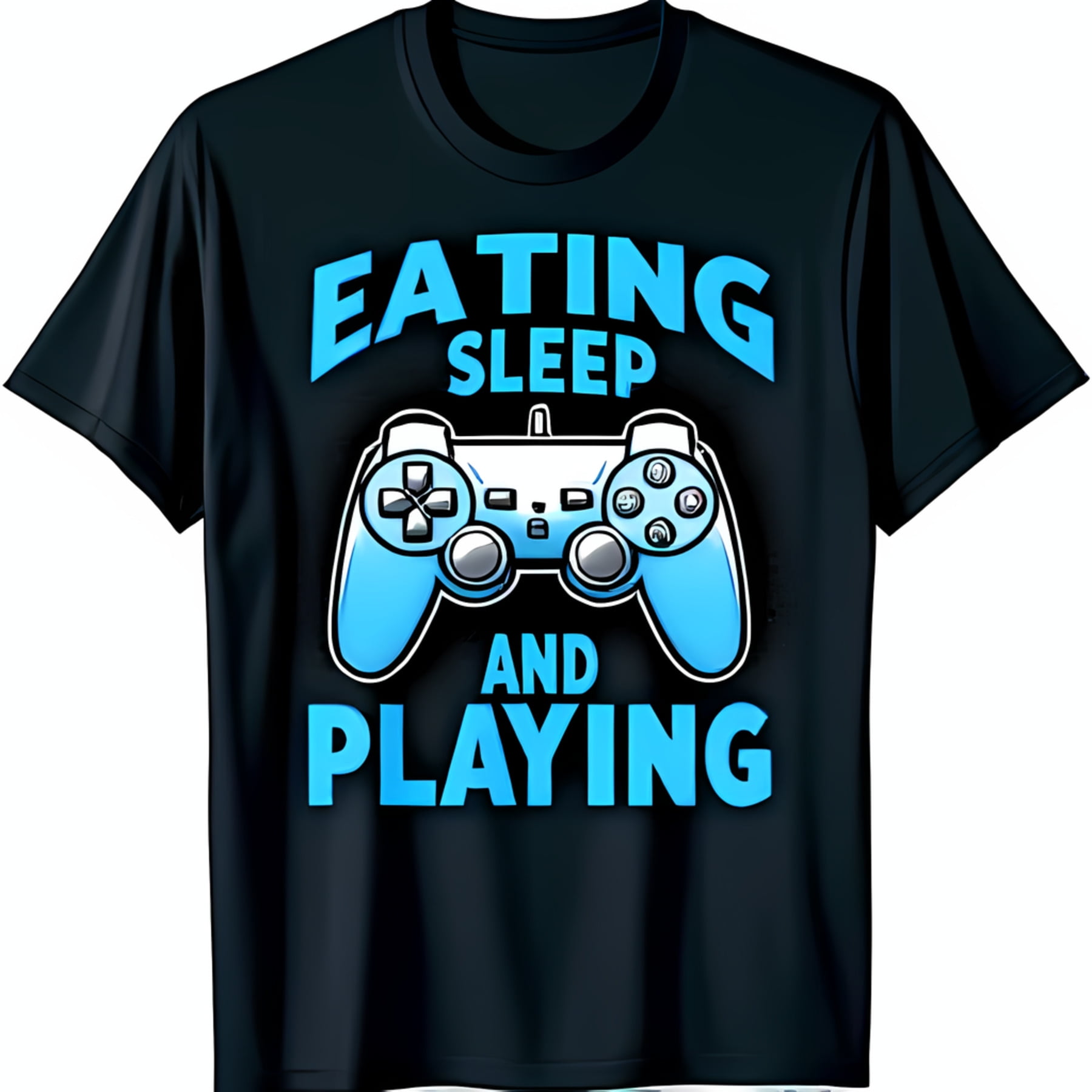 Black T-Shirt with Blue Graphic Eating Sleeping and Playing Controller ...
