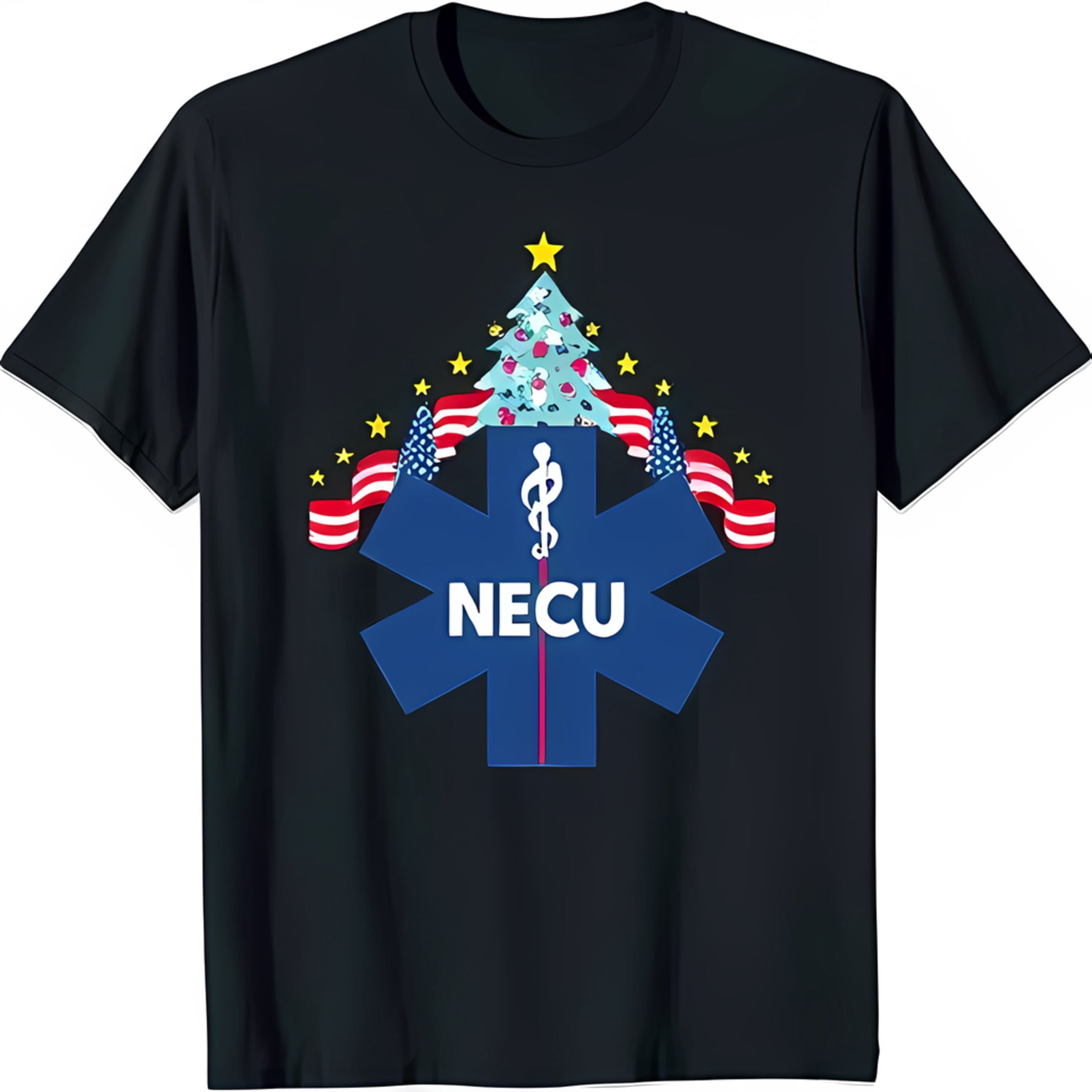 Black T-Shirt with Blue Star of Life Red Line NECU Christmas Tree ...