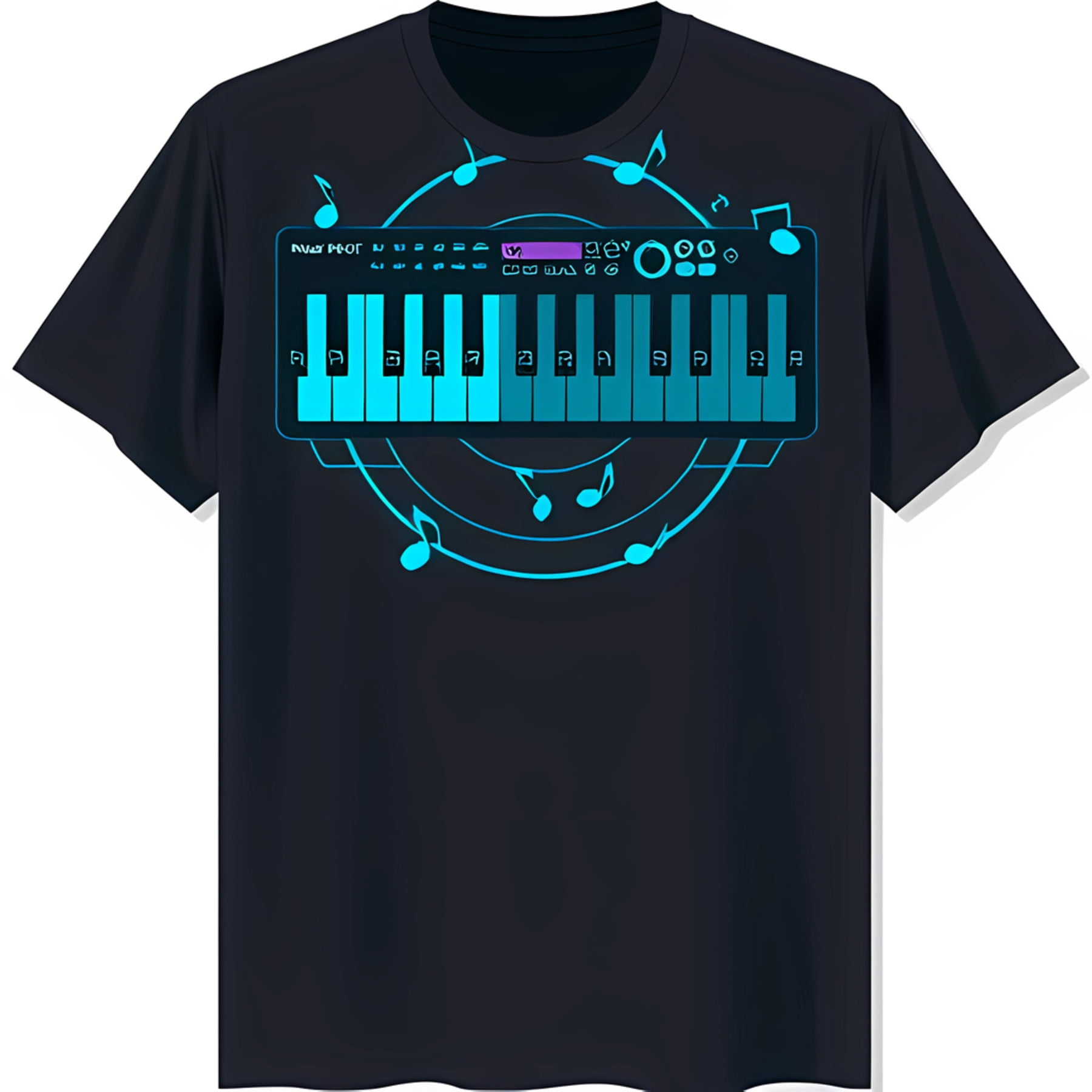 Black T-Shirt with Blue and White Keyboard Graphic & Musical Notes ...