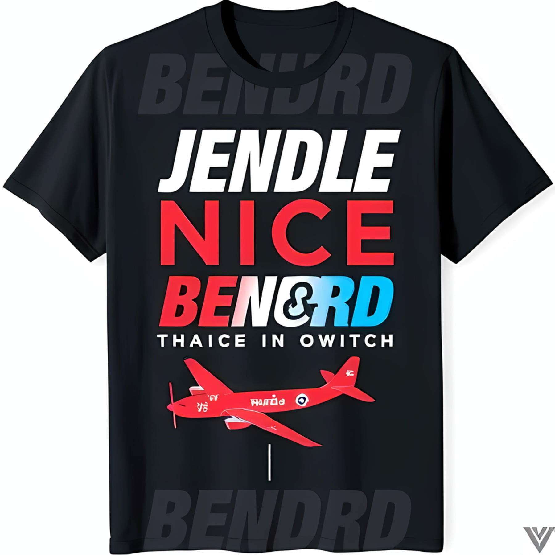 Black T-Shirt with Bold 'BENDRD JENDLE' Text & Red Airplane Graphic ...