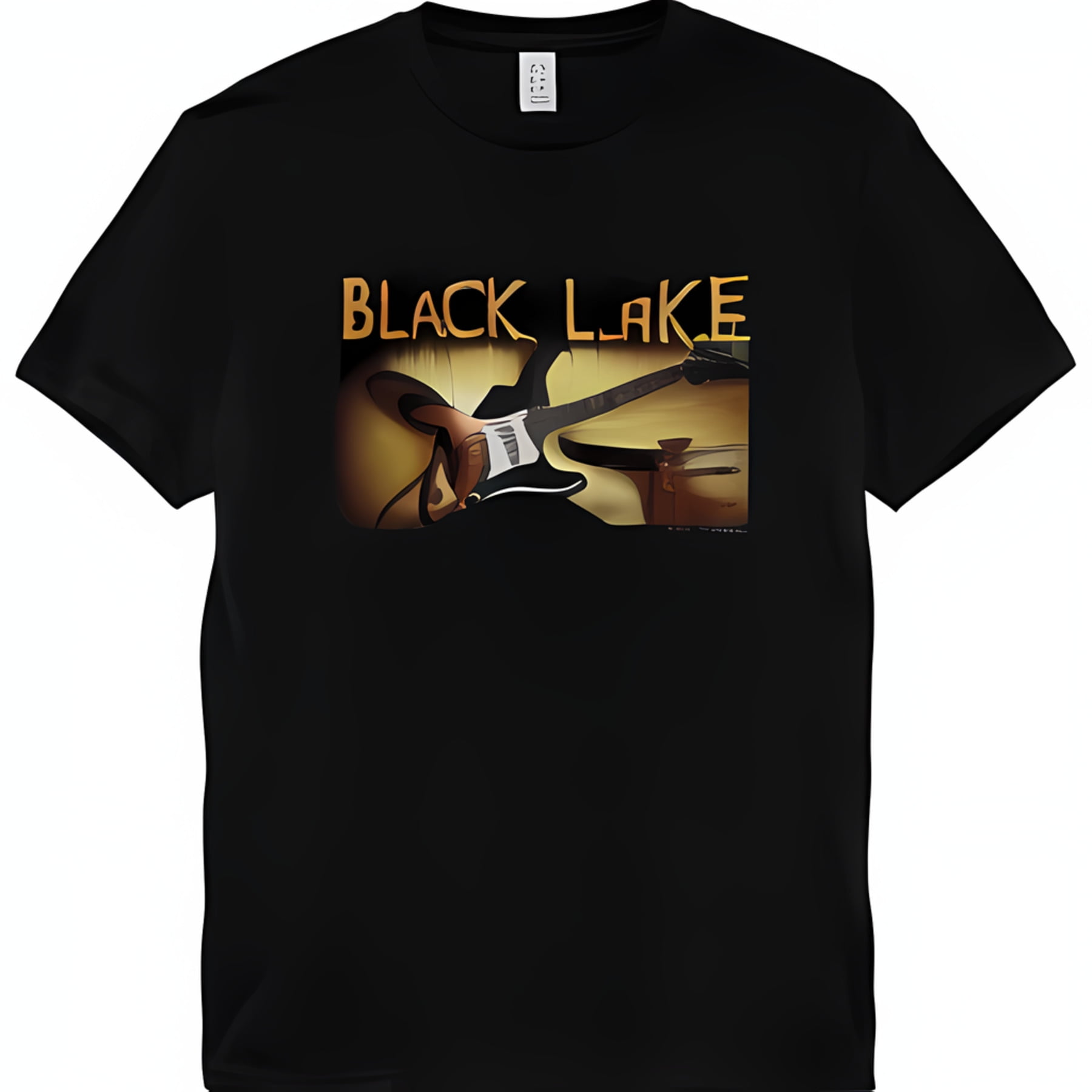 Black T-Shirt with Bold 'BLACK LAKE' Chest Graphic & Electric Guitar ...
