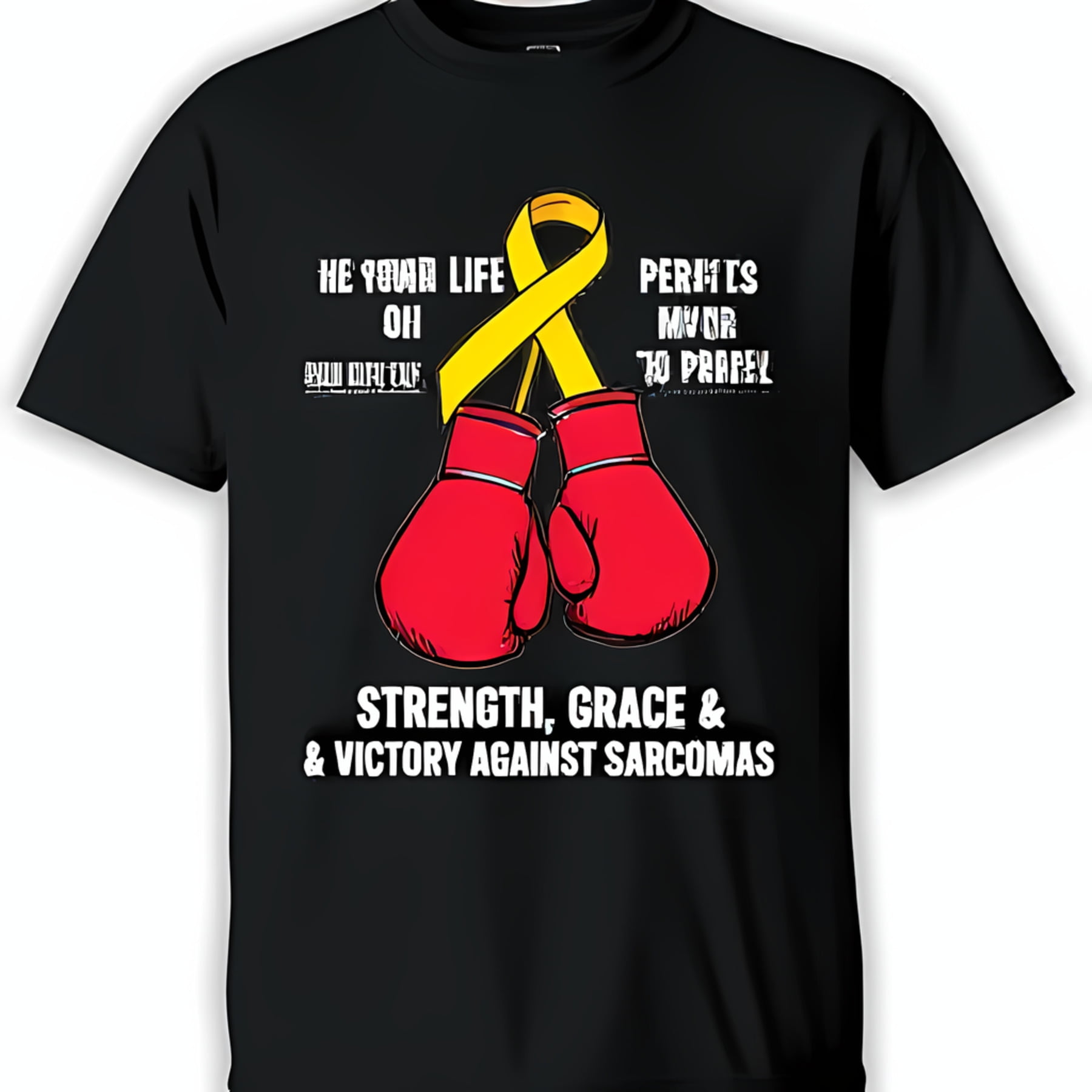 Black T-Shirt with Bold Boxing Gloves & Yellow Ribbon Graphic Strength ...