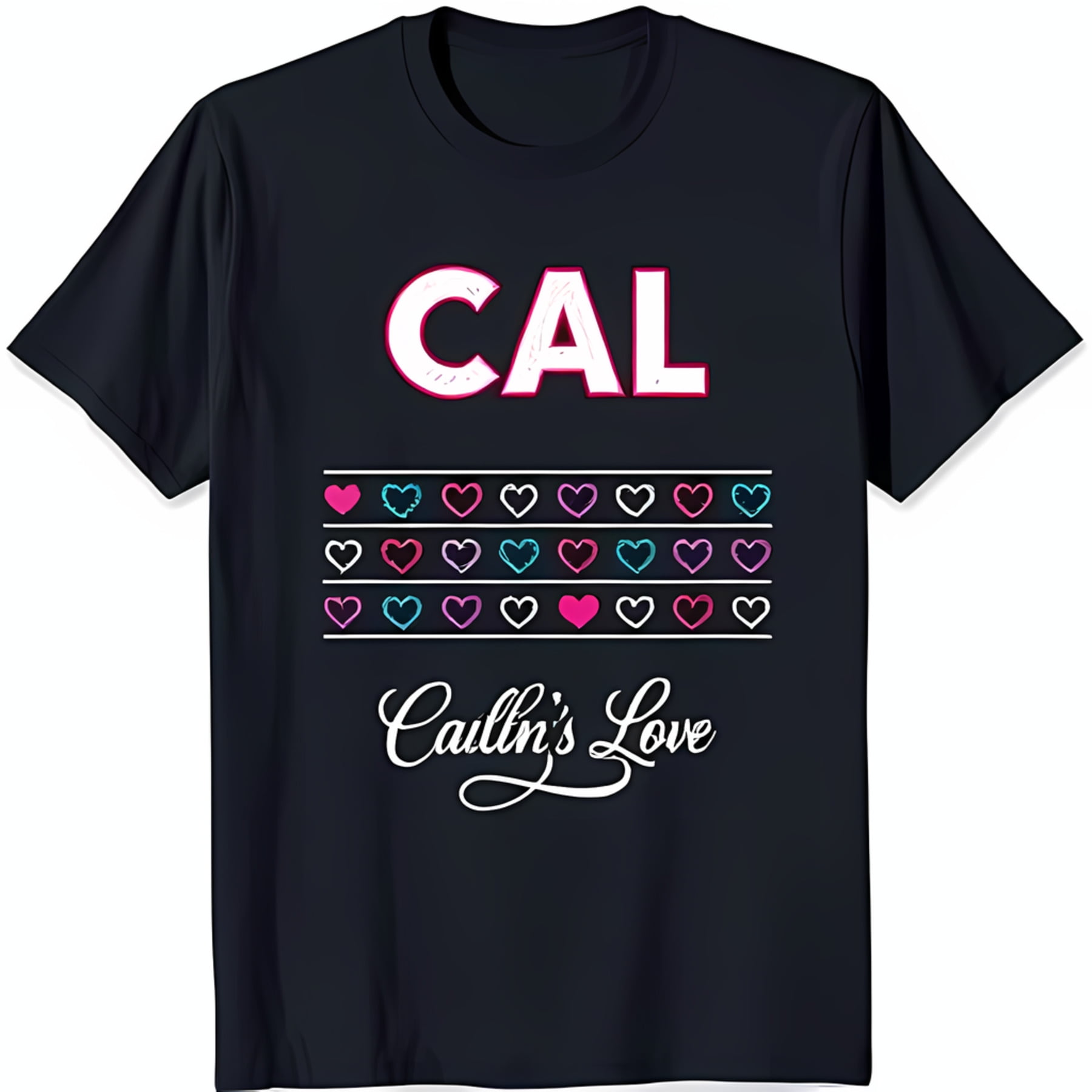 Black T-Shirt with Bold 'CAL' Graphic 24 Colorful Hearts & 'Caulin's ...