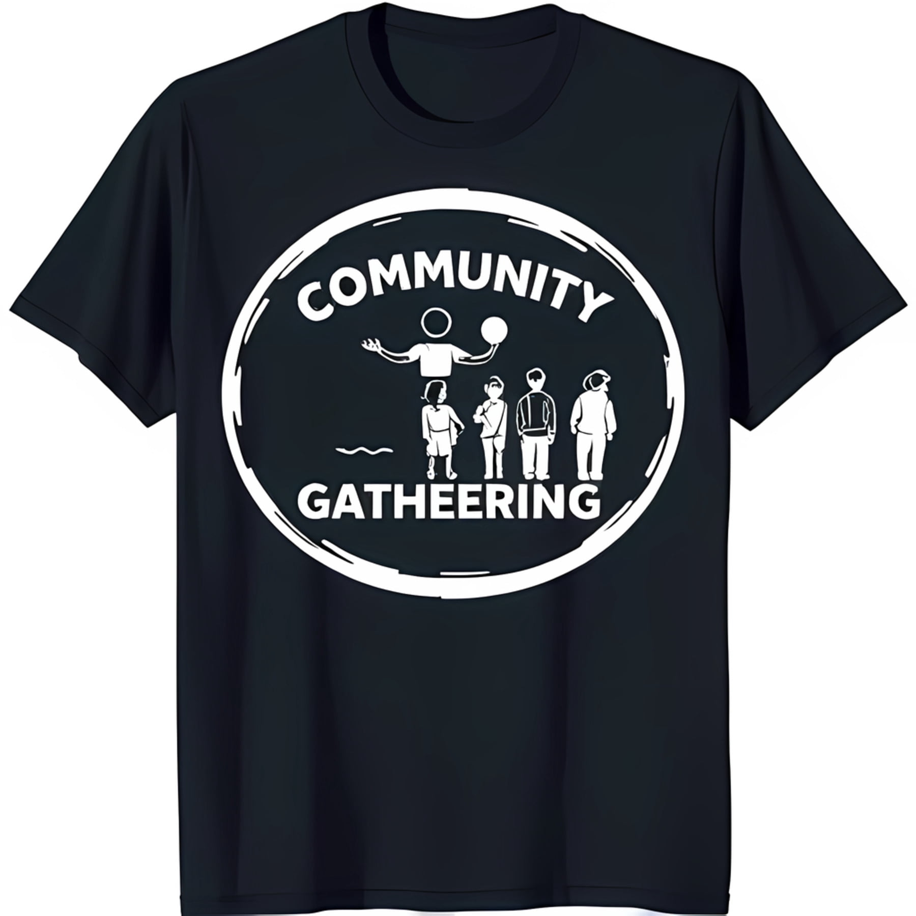 Black T-Shirt with Bold 'COMMUNITY GATHERING' Graphic & Fun Stick ...