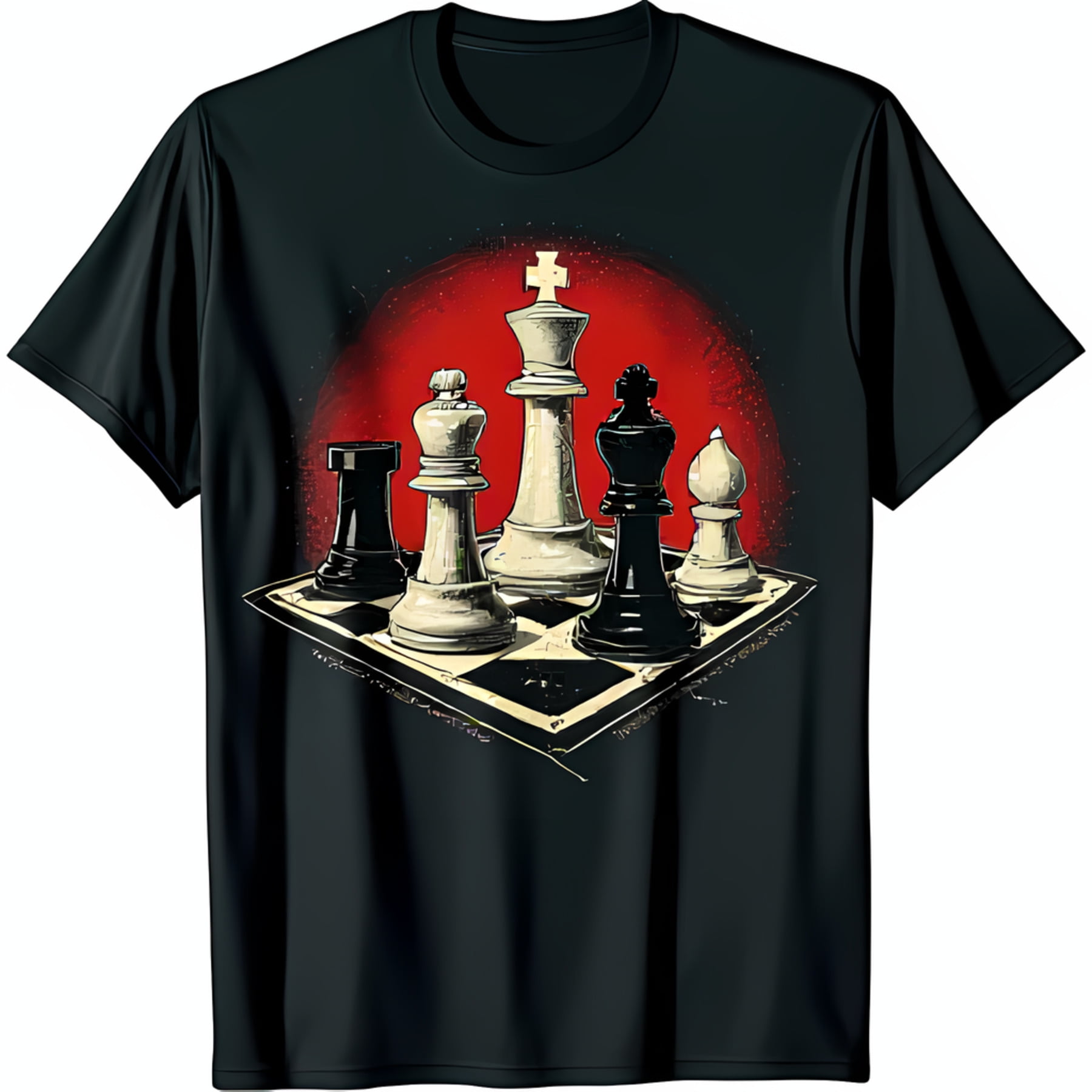 Black T-Shirt with Bold Chess Set Design King Queen & Pawn on Red ...