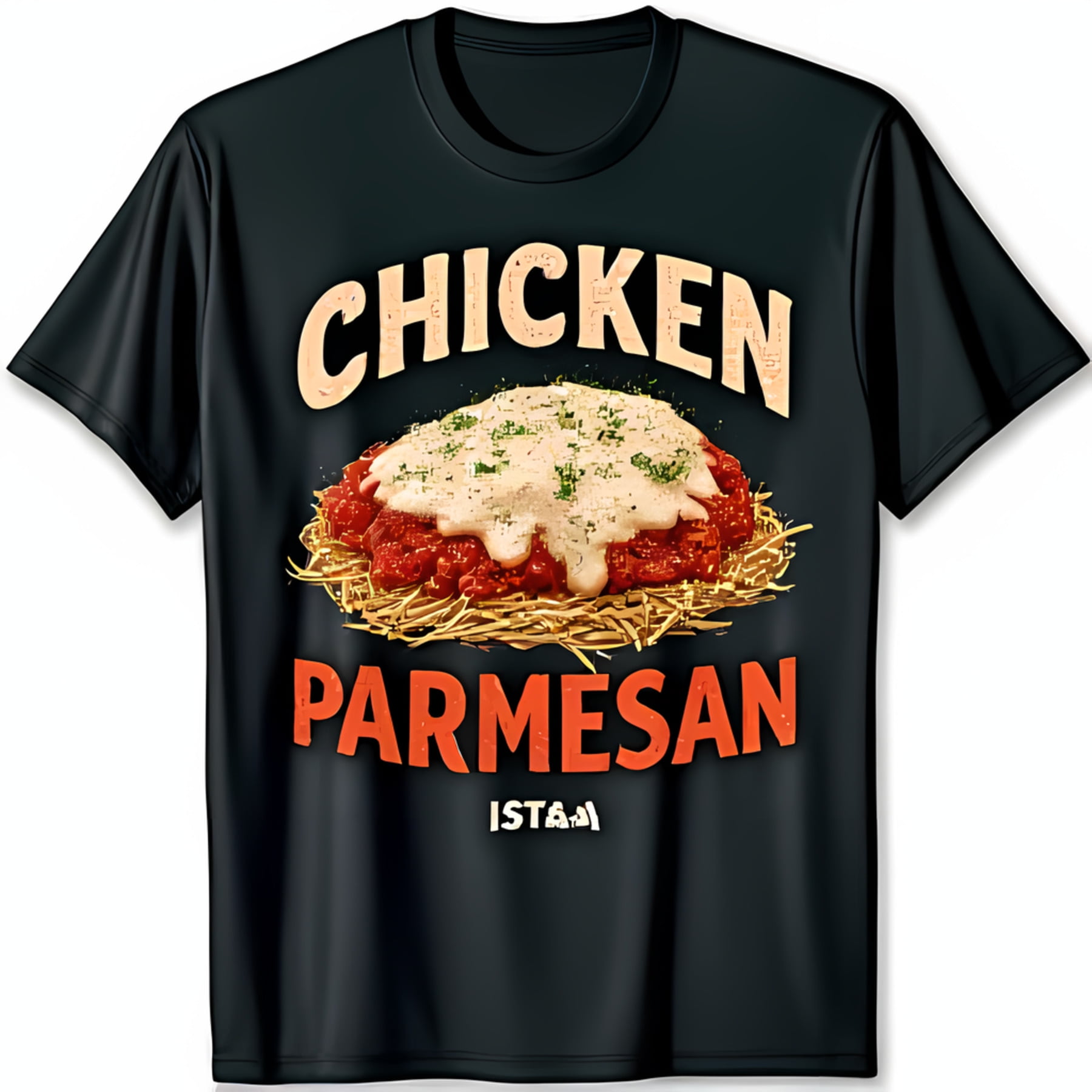 Black T-Shirt with Bold Chicken Parmesan Graphic Spaghetti & Cheese ...