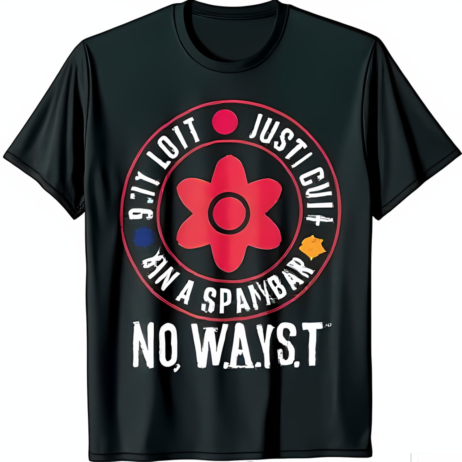 Black T-Shirt with Bold Circle Graphic 911 LOIT JUSTI GUI & Red Flower ...