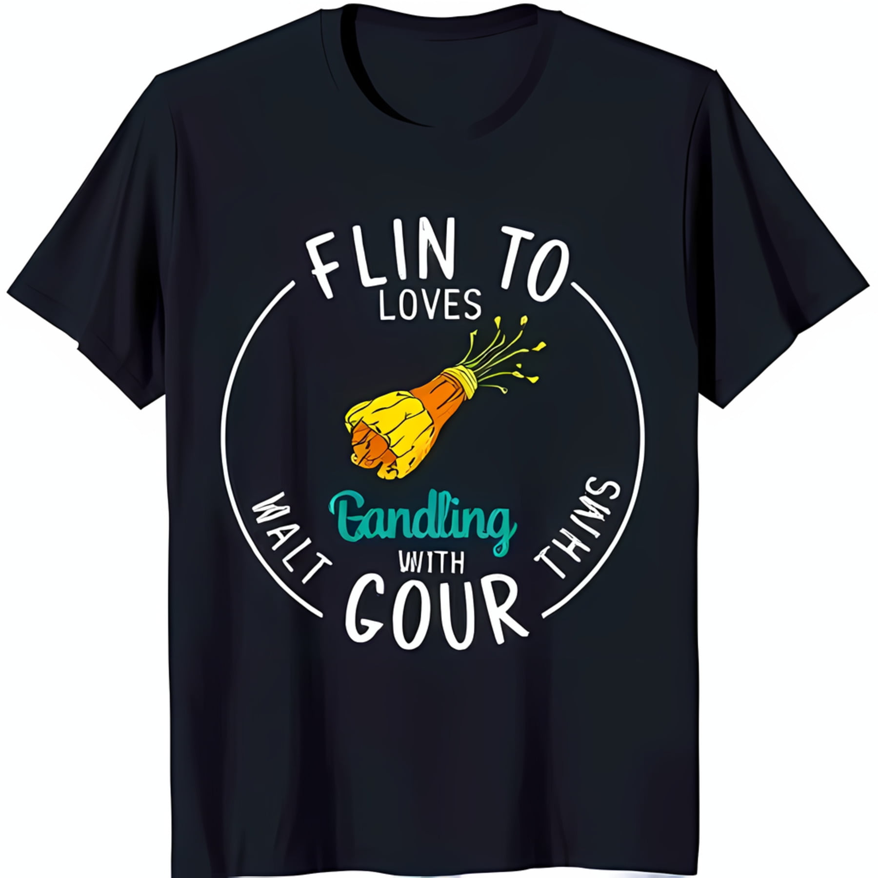 Black T-Shirt with Bold Circular Graphic: 'Flin To Loves Candling ...