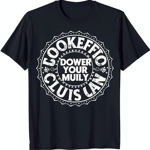 Black T-Shirt with Bold Circular Graphic: 'Lookeffio Luis Lan' & 'Dower ...