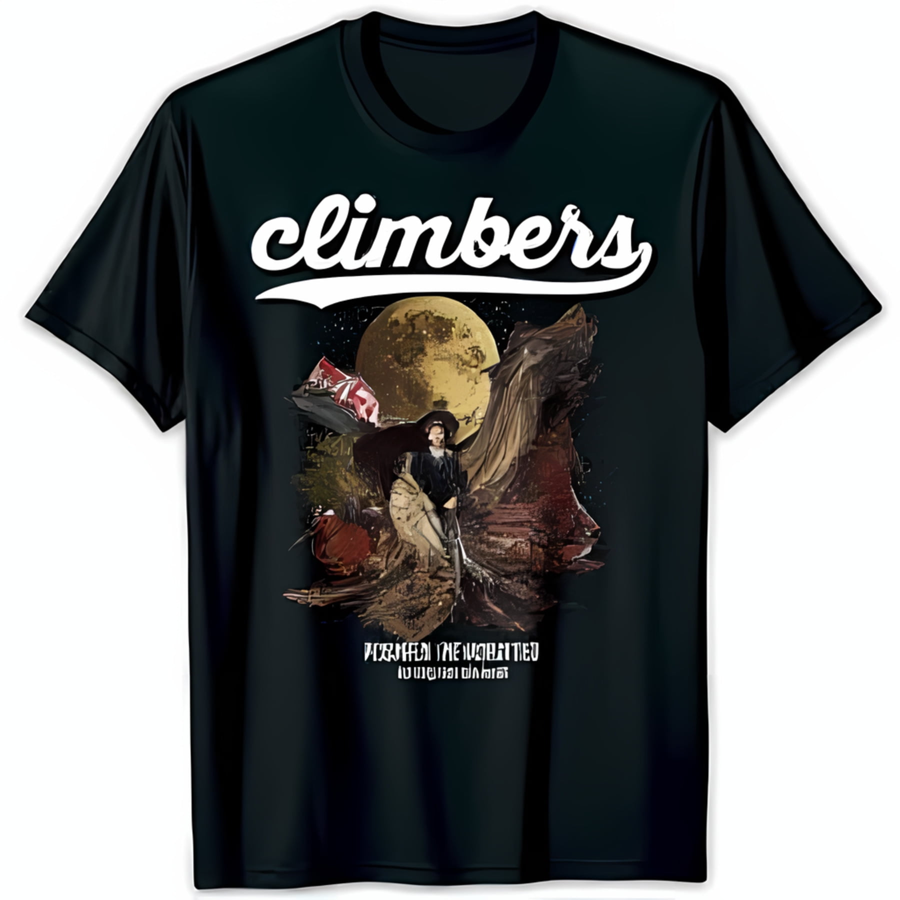 Black T-Shirt with Bold 'Climbers' Graphic & Surreal Moonlit Scene ...
