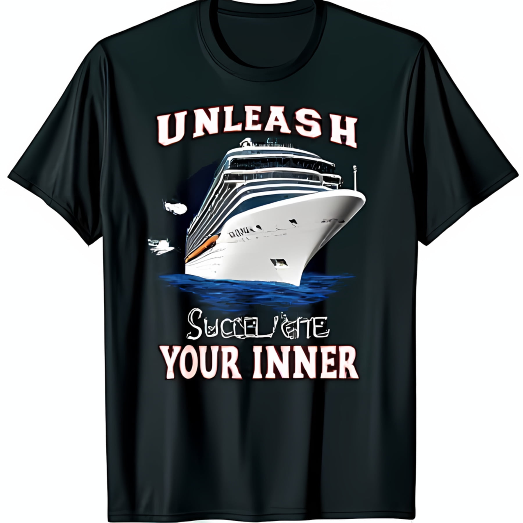 Black T-Shirt with Bold Cruise Ship Design 'DANIA' & 'UNLEASH' Graphic ...