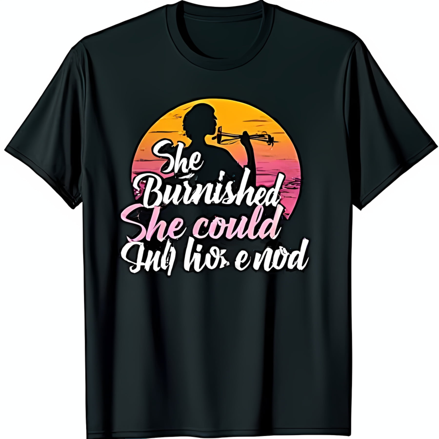 Black T-Shirt with Bold Cursive Graphic of Woman & Sunset Design ...