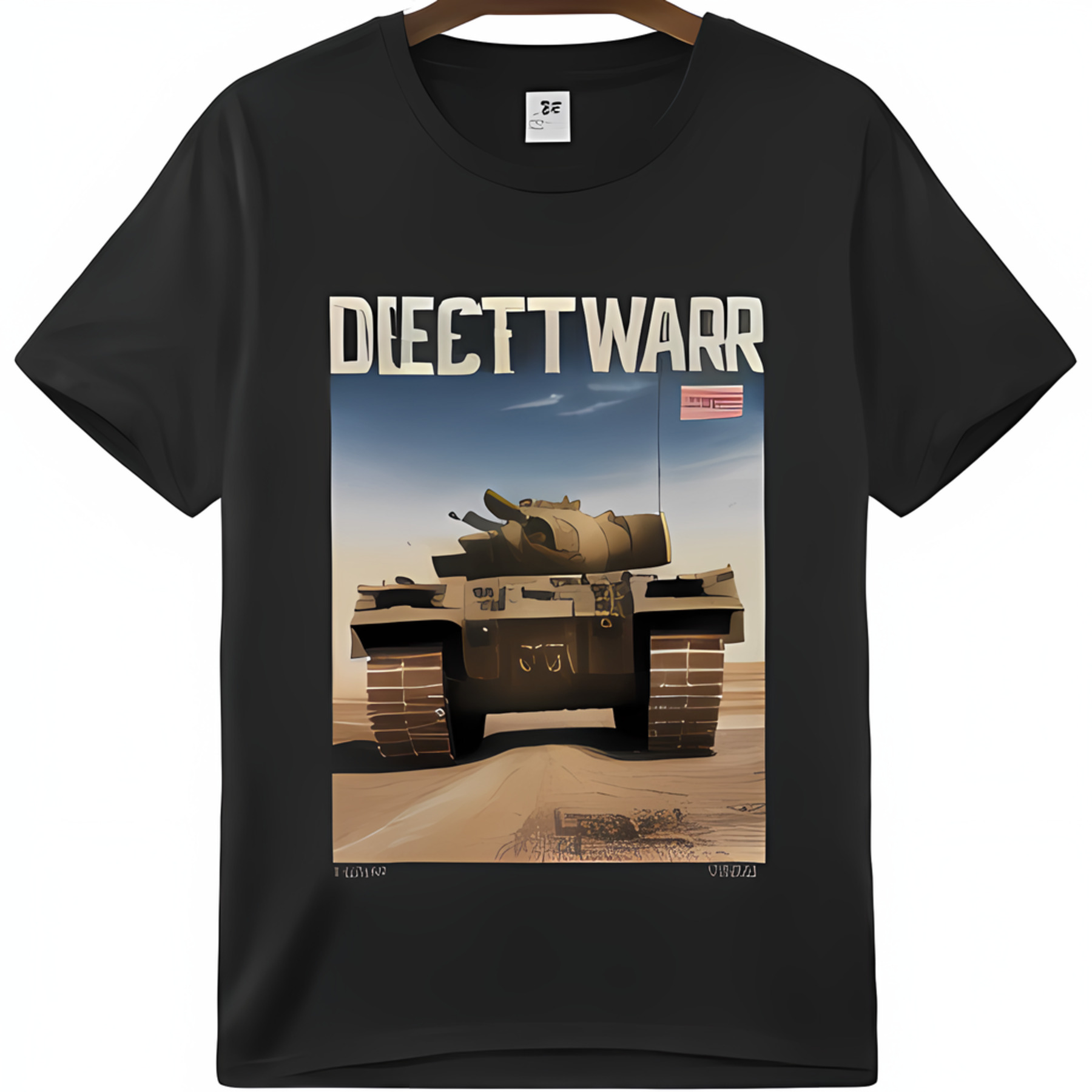 Black T-Shirt with Bold Direct War Graphic Design Featuring in Desert ...