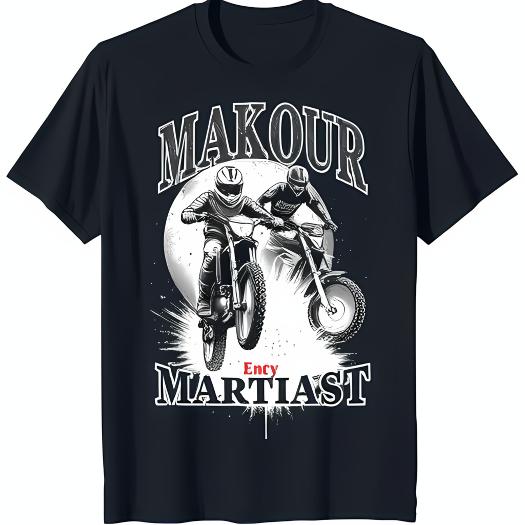 Black T-Shirt with Bold Dirt Bike Riders Graphic & Full Moon Design ...