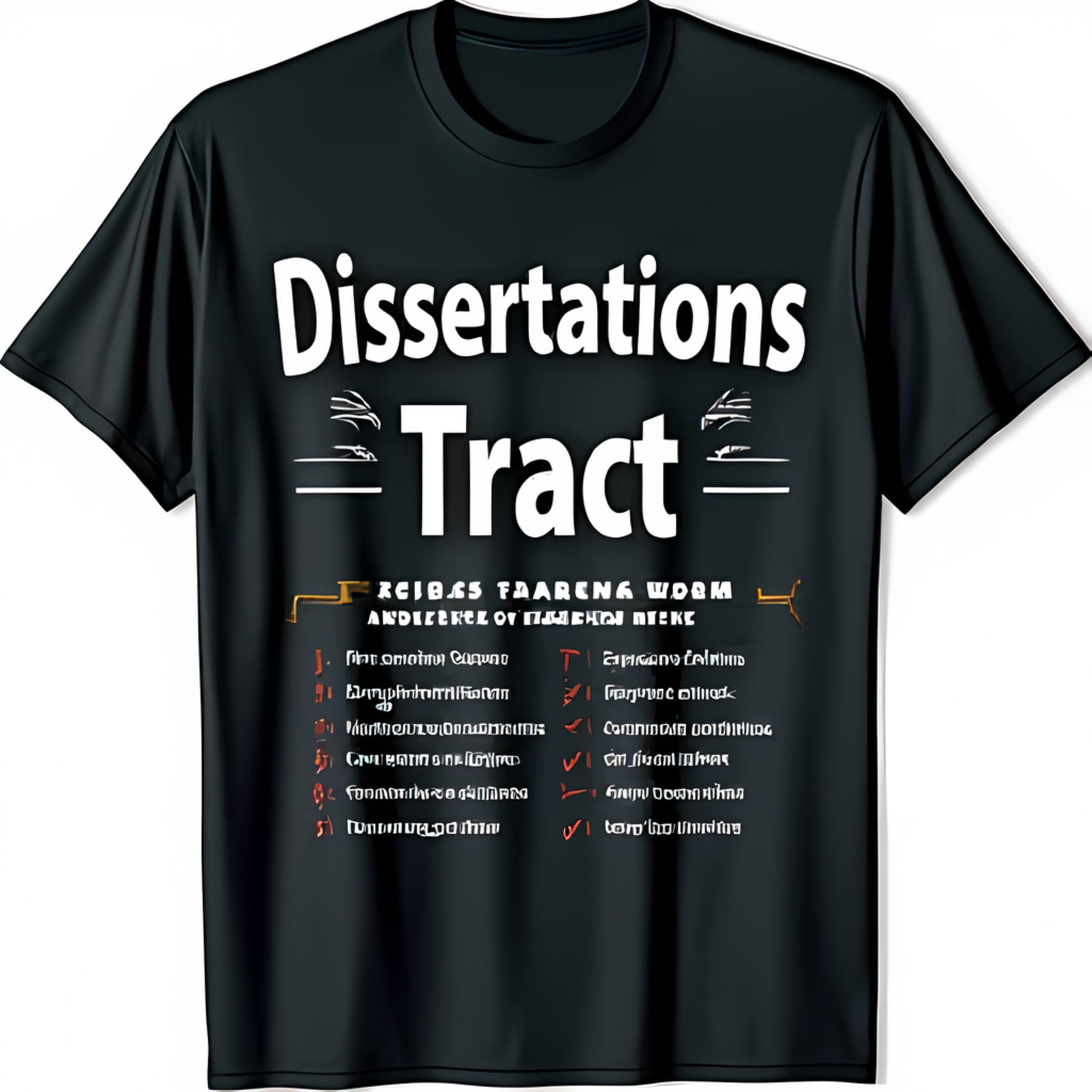 Black T-Shirt with Bold 'Dissertations Tract' Graphic & List Design ...