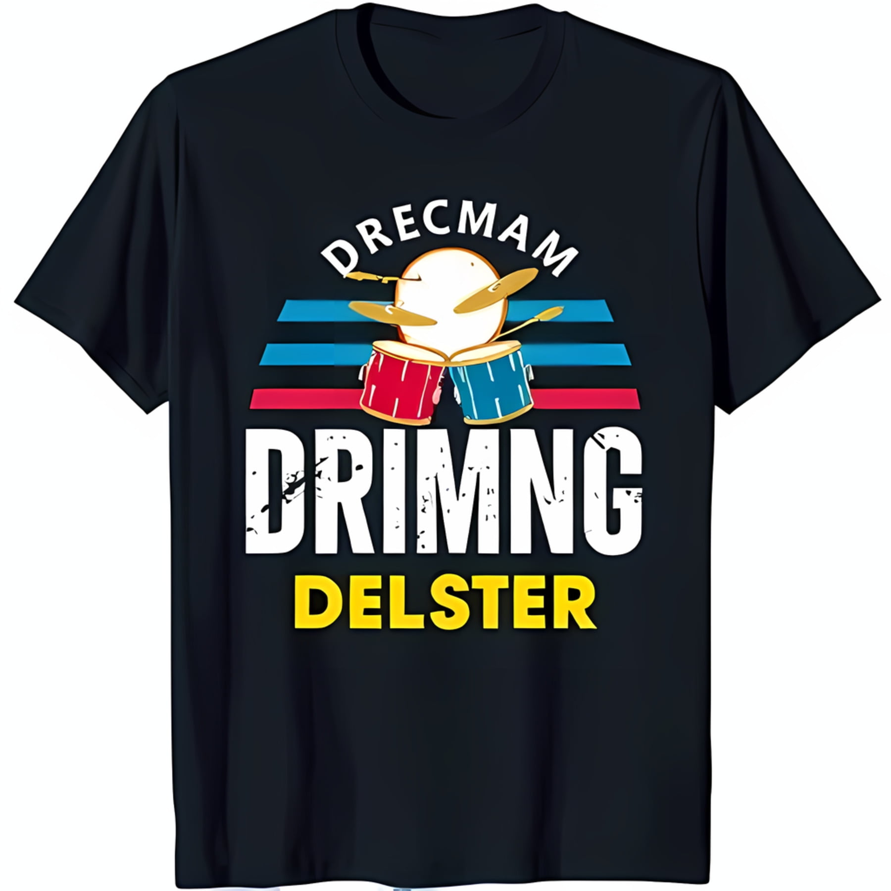 Black T-Shirt with Bold Drum Set Graphic and 'Drecmam Drimming Delster ...