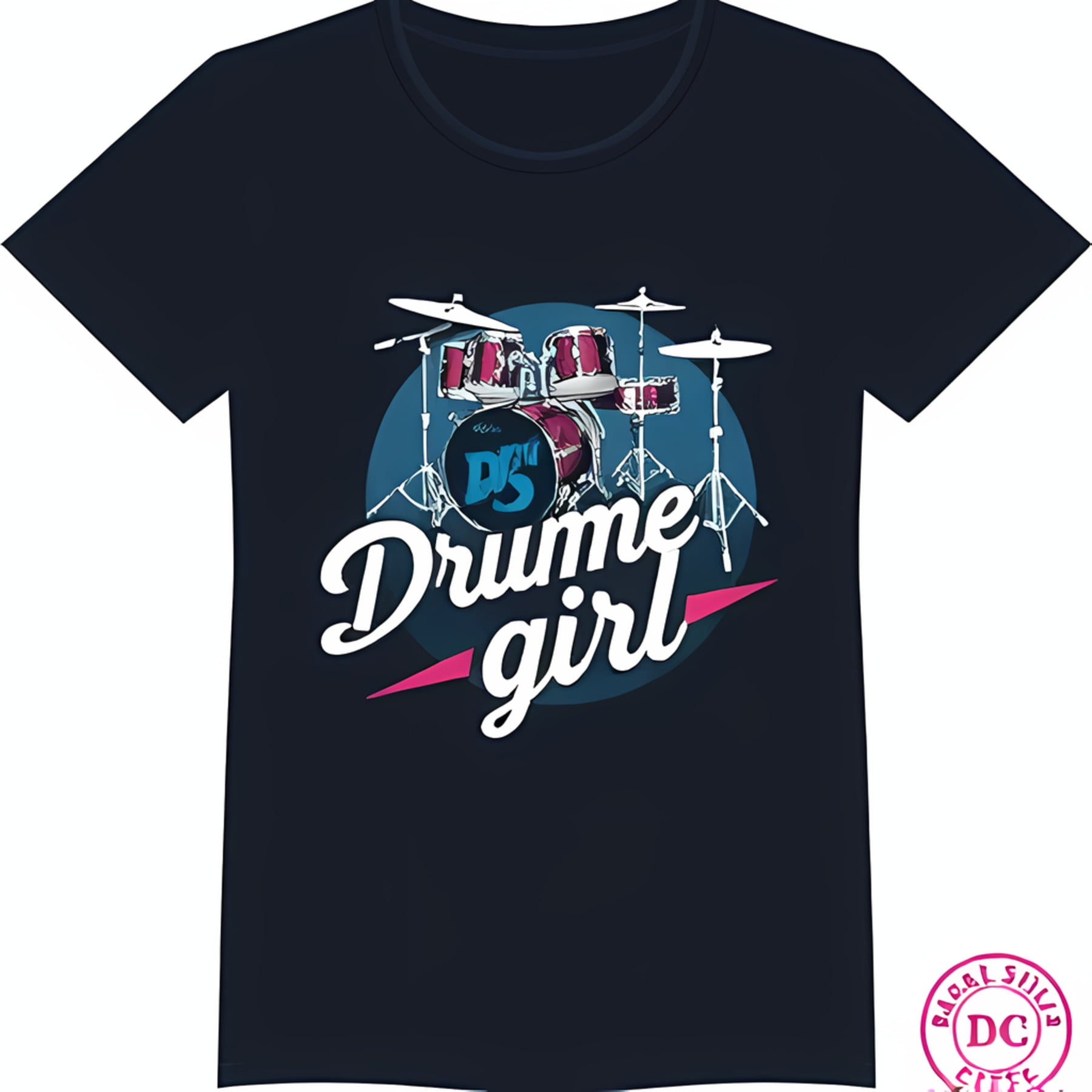 Black T-Shirt with Bold Drum Set Graphic and 'Drummer Girl' Text Design ...