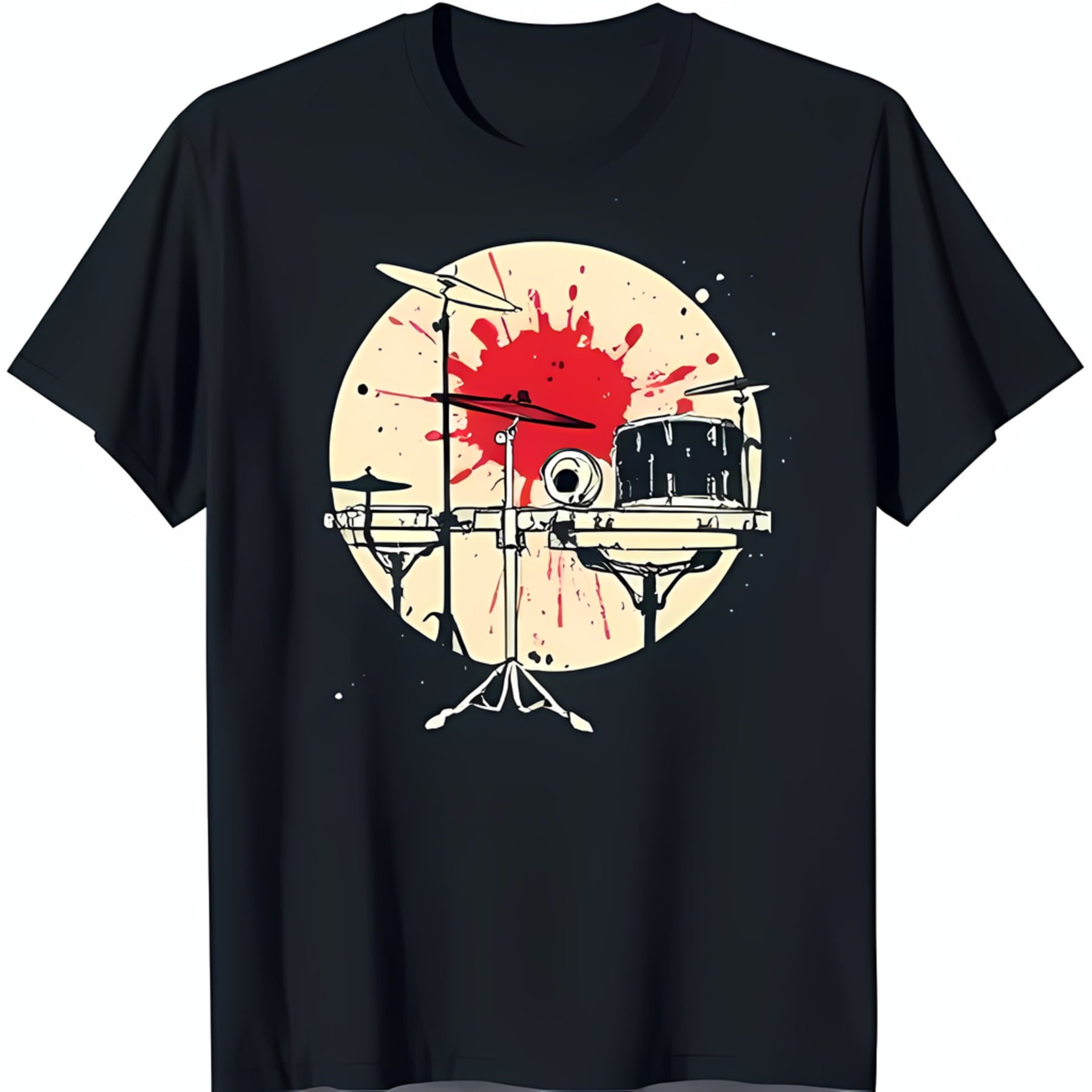 Black T-Shirt with Bold Drum Set Graphic in Red & White Circle Edgy ...