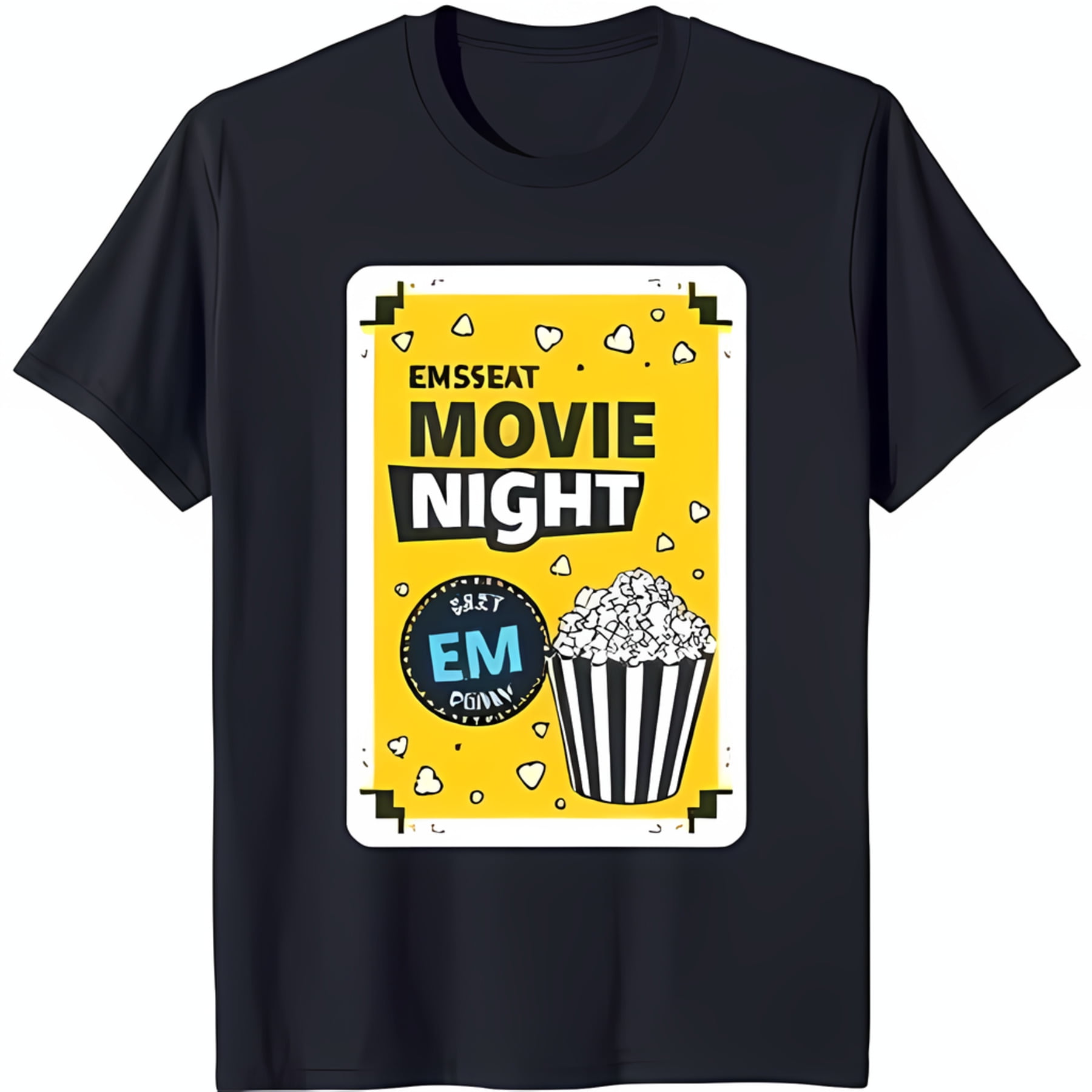 Black T-Shirt with Bold 'EMSSSEAT NIGHT' Ticket Stub Design & Popcorn ...