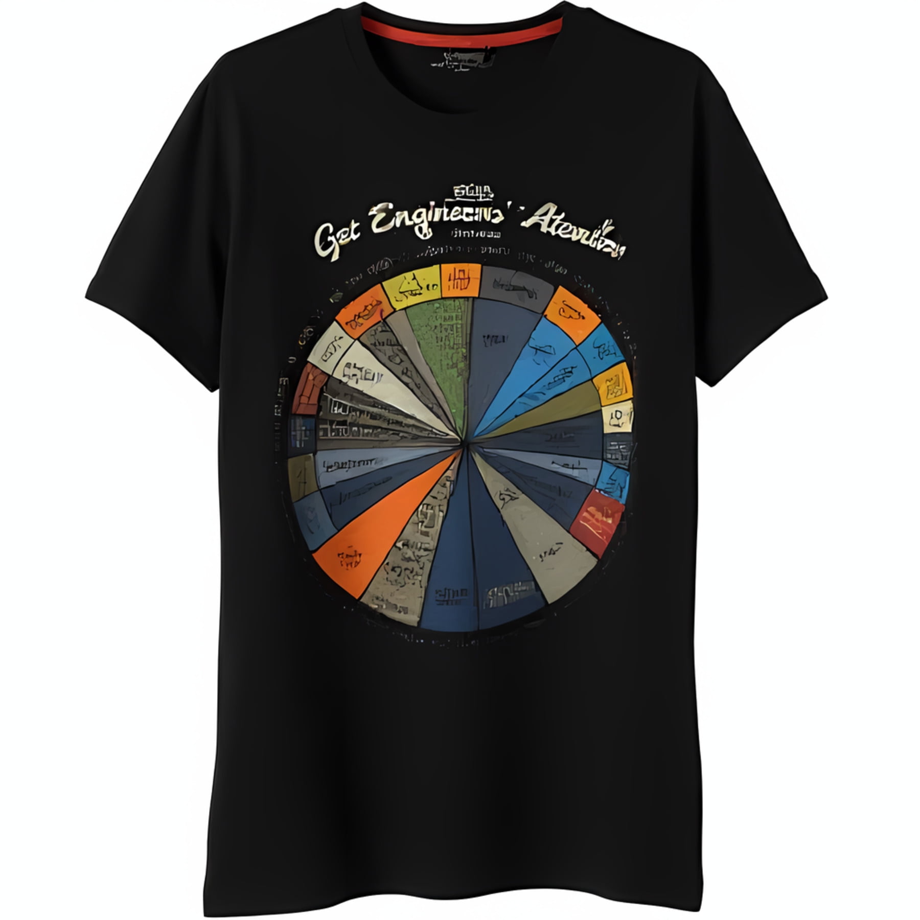 Black T-Shirt with Bold Engineering Graphic 'Get Engineers' Attention' Pie Chart Design ...