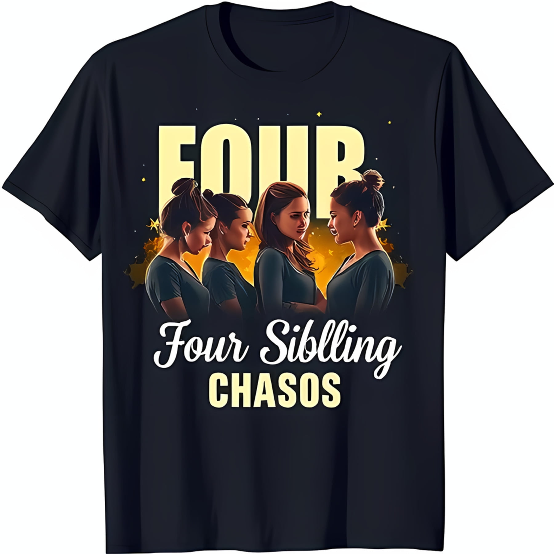 Black T-Shirt with Bold FOUR Graphic & Four Sibling Chaos Design ...