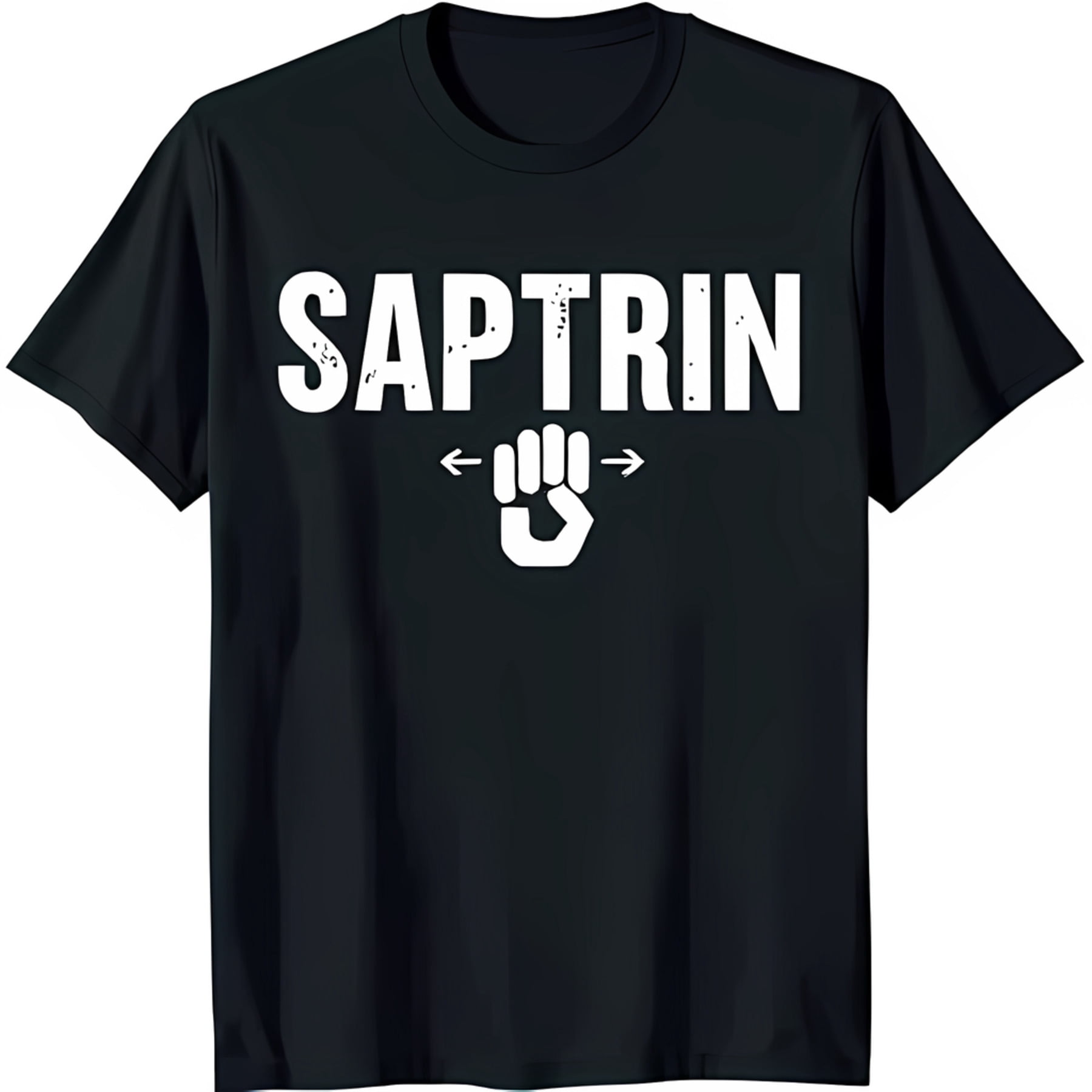Black T-Shirt with Bold Fist Graphic and Arrows 'SAPTRIN' Design ...