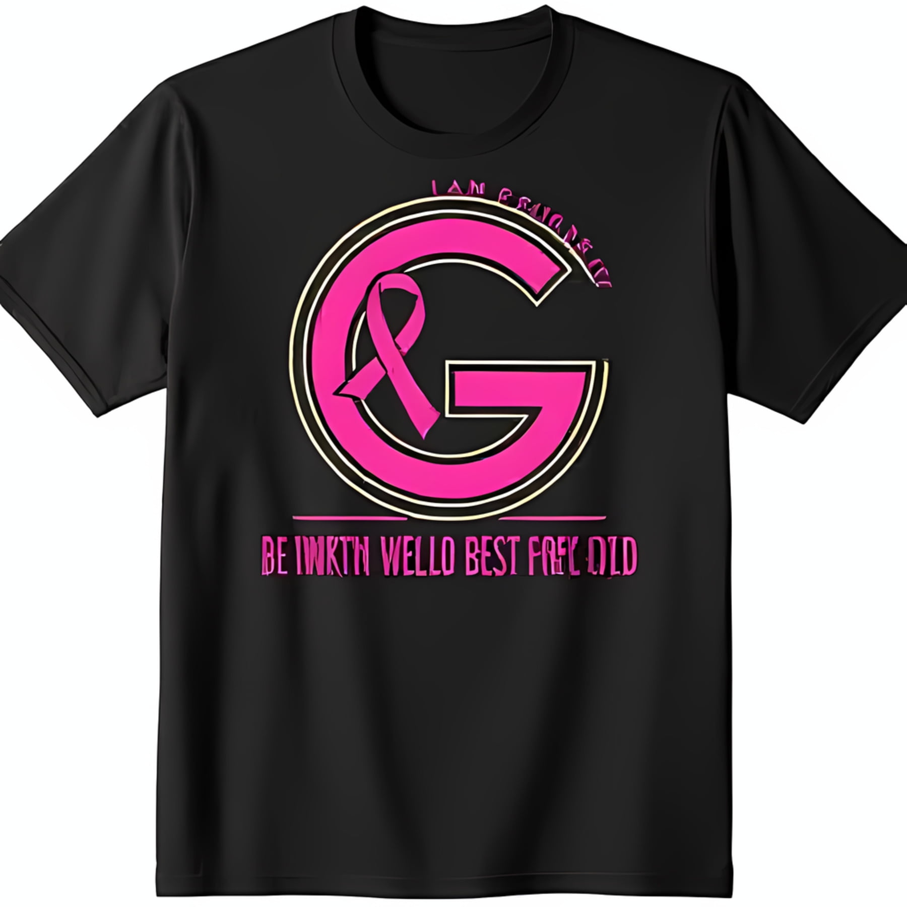 Black T-Shirt with Bold G Graphic Pink Ribbon & Inspirational Text ...