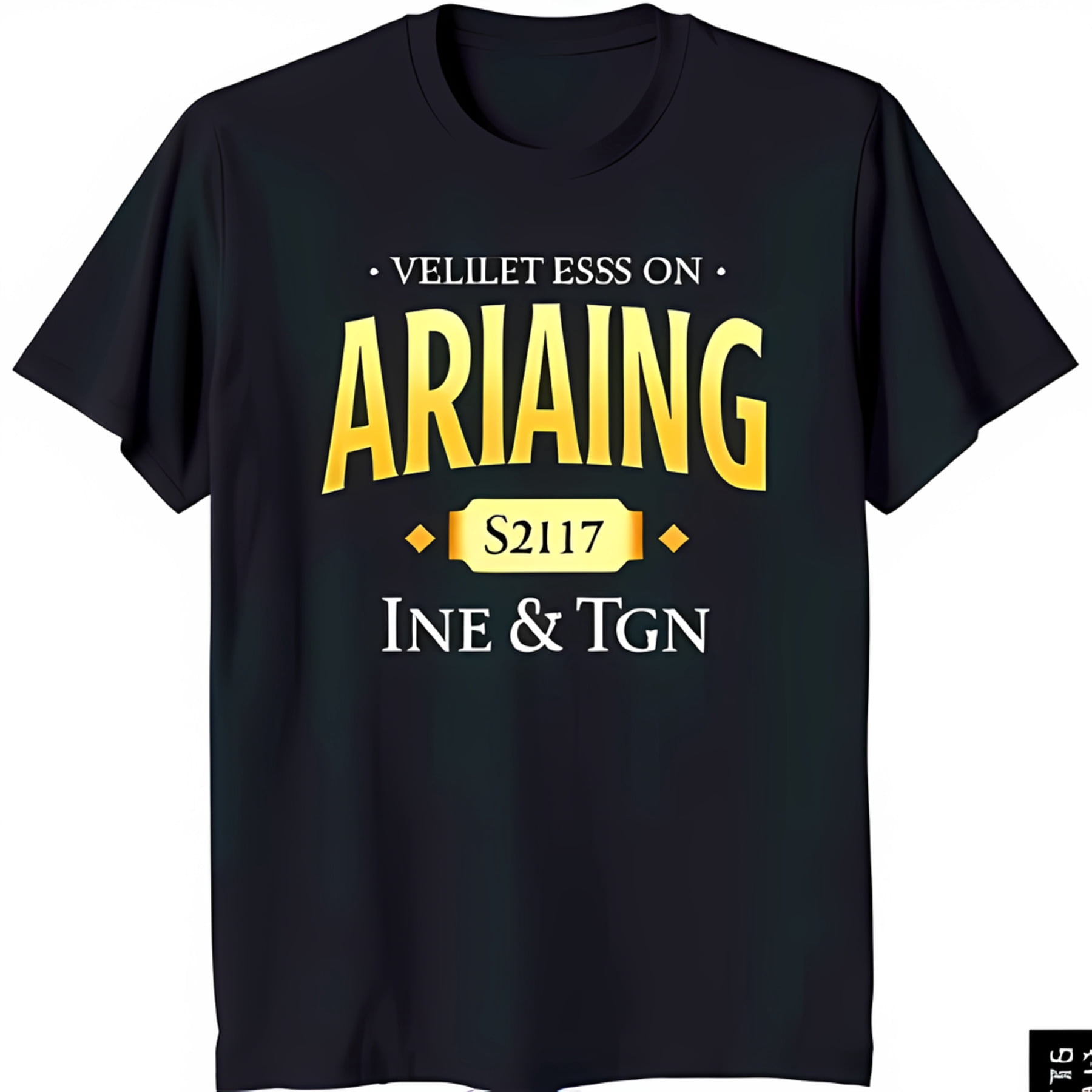 Black T-Shirt with Bold Gold 'ARIAING' Design S2117 and Unique Text ...