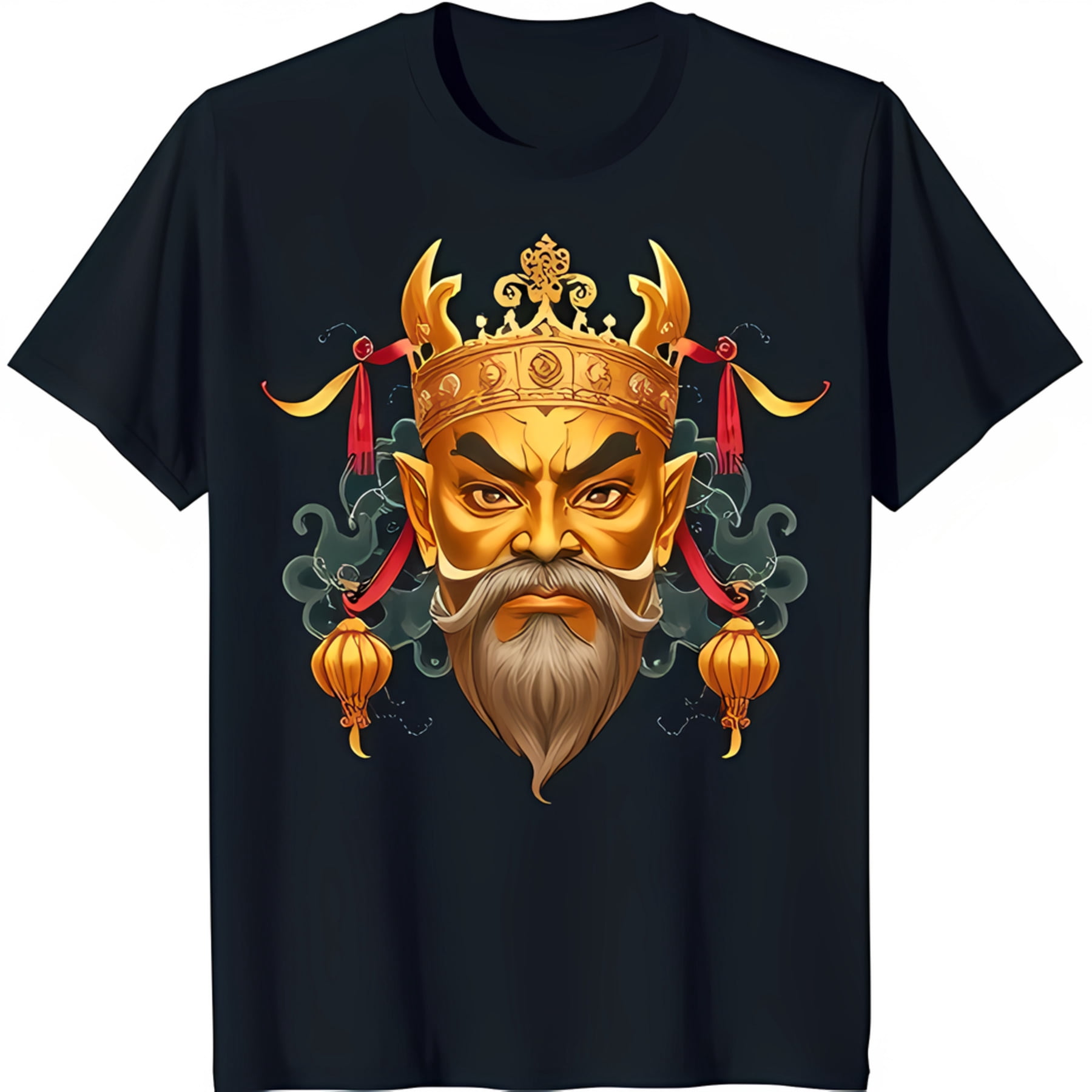 Black T-Shirt with Bold Golden Deity Print Crowned Figure & Mystical ...