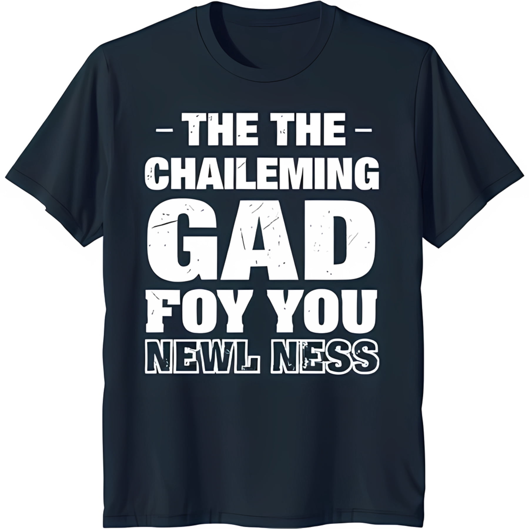 Black T-Shirt with Bold Graphic Design: ' CHAILEMING GAD FOY YOU NEWL ...