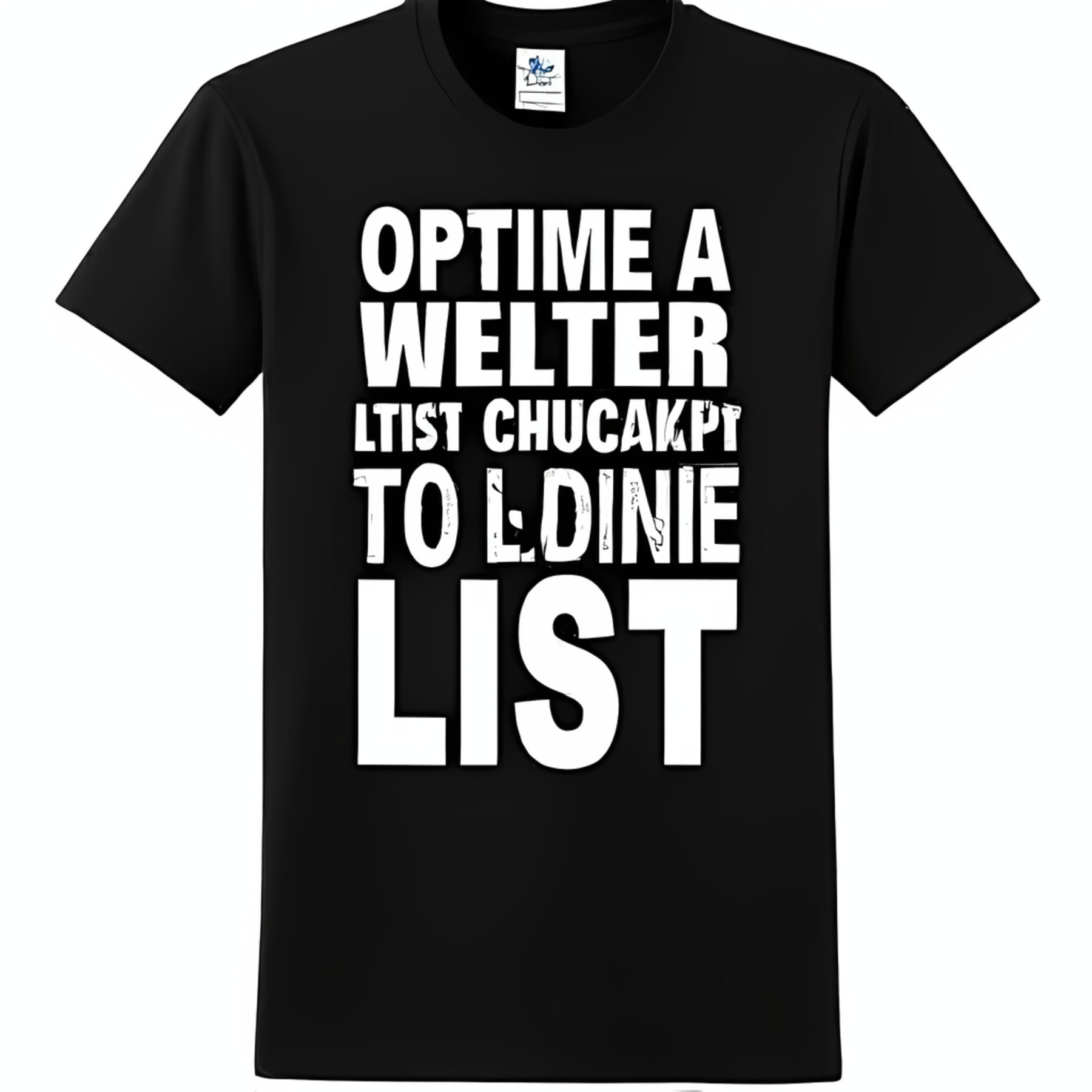 Black T-Shirt with Bold Graphic Print 'OPTIME A WELTER LIST CHUCAPKT TO ...