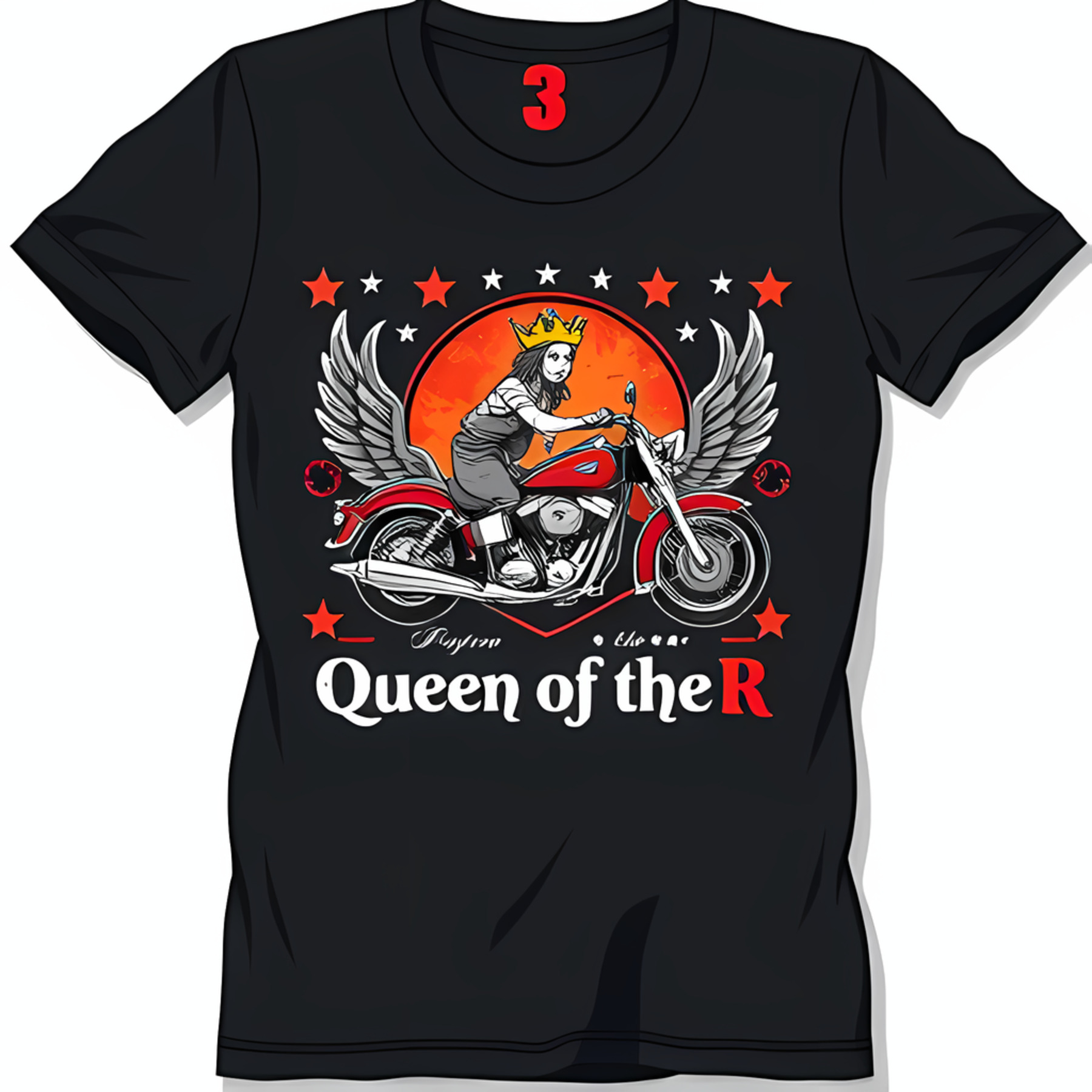 Black T-Shirt with Bold Graphic: Woman in Crown Riding Winged ...