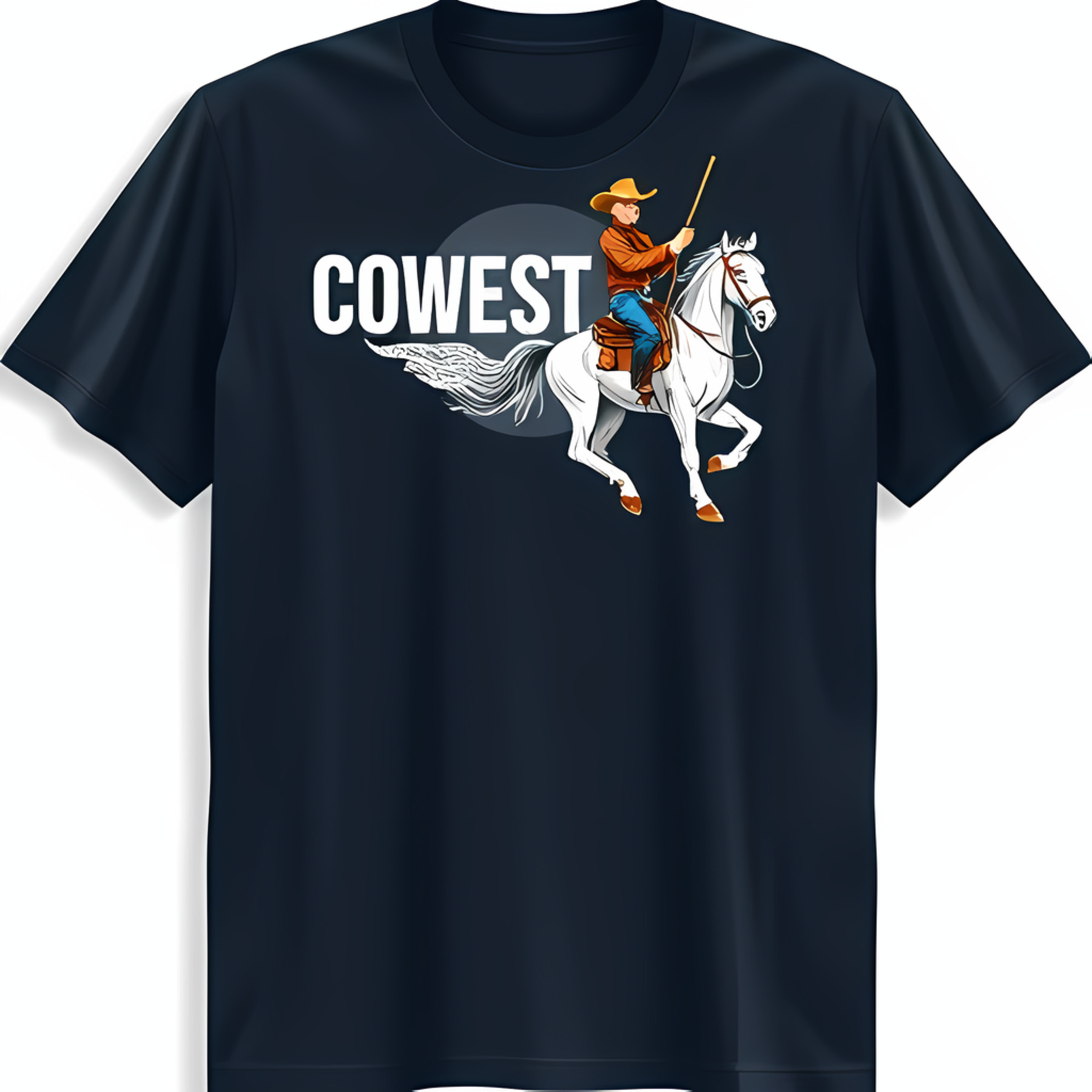 Black T-Shirt with Bold Graphic of Cowboy Riding a White Horse Stylish ...