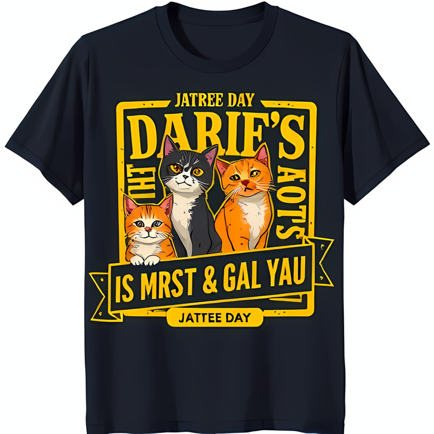 Black T-Shirt with Bold Graphic of Three Cats 'DARIF'S' Design with Fun ...