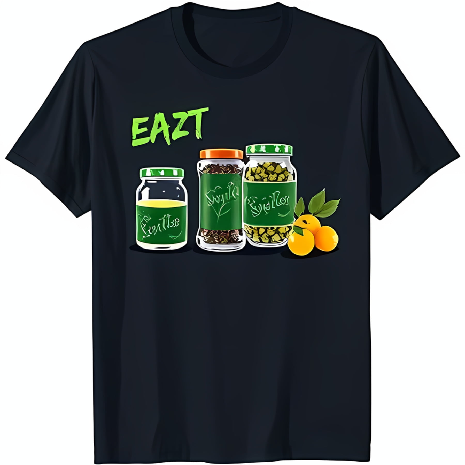 Black T-Shirt with Bold Green 'EAZT' Design and Intriguing Jar Graphics ...