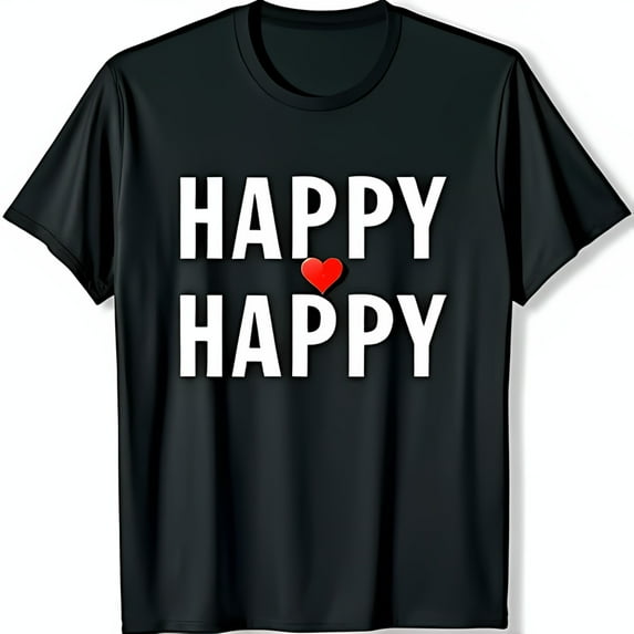 Black T-Shirt with Bold HAPPY Graphic and Heart Design Soft Fabric ...