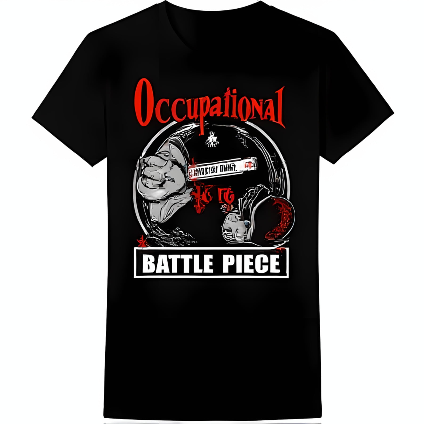 Black T-Shirt with Bold Helmeted Graphic & Occupational Battle Piece ...