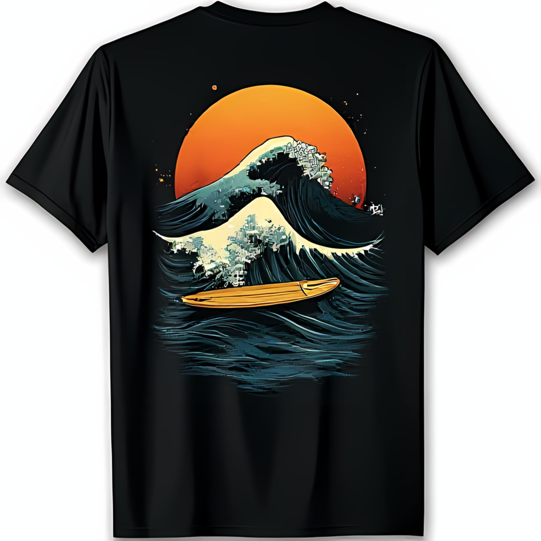 Black T-Shirt with Bold Illustration and Surfboard Design Unique ...