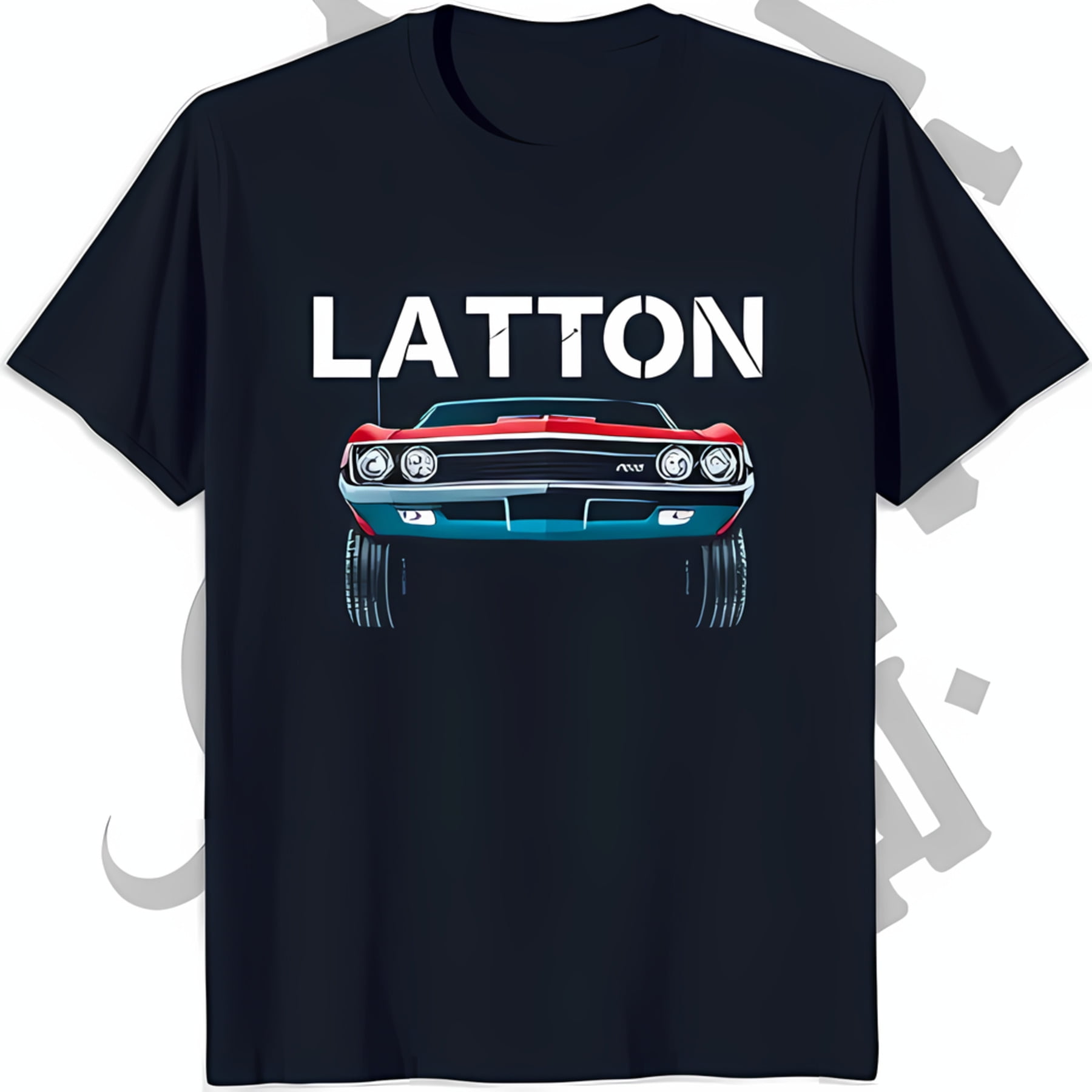 Black T-Shirt with Bold 'LATTON' Graphic and Colorful Muscle Car Design ...