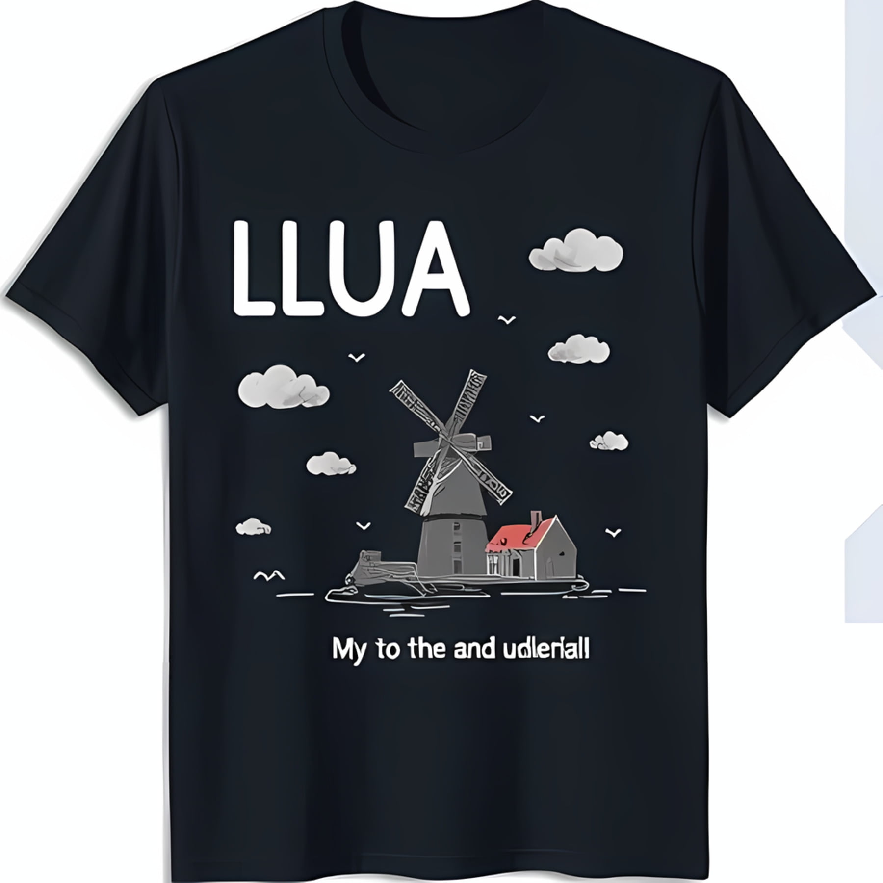 Black T-Shirt with Bold 'LLUA' Graphic Red Roof Windmill & Blue Sky ...