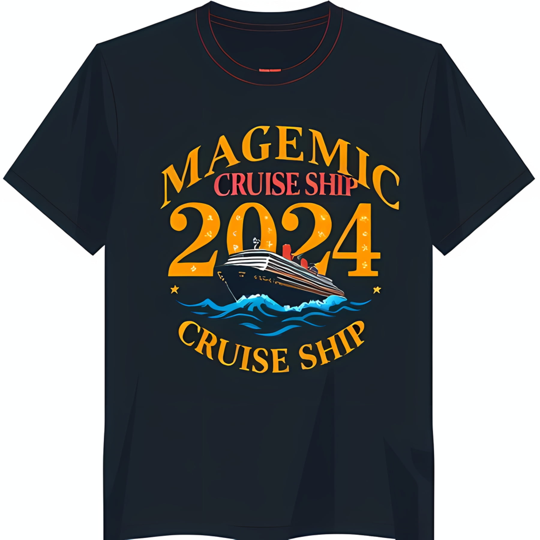 Black T-Shirt with Bold 'Magenic Cruise Ship 2024' Graphic & Cartoon ...