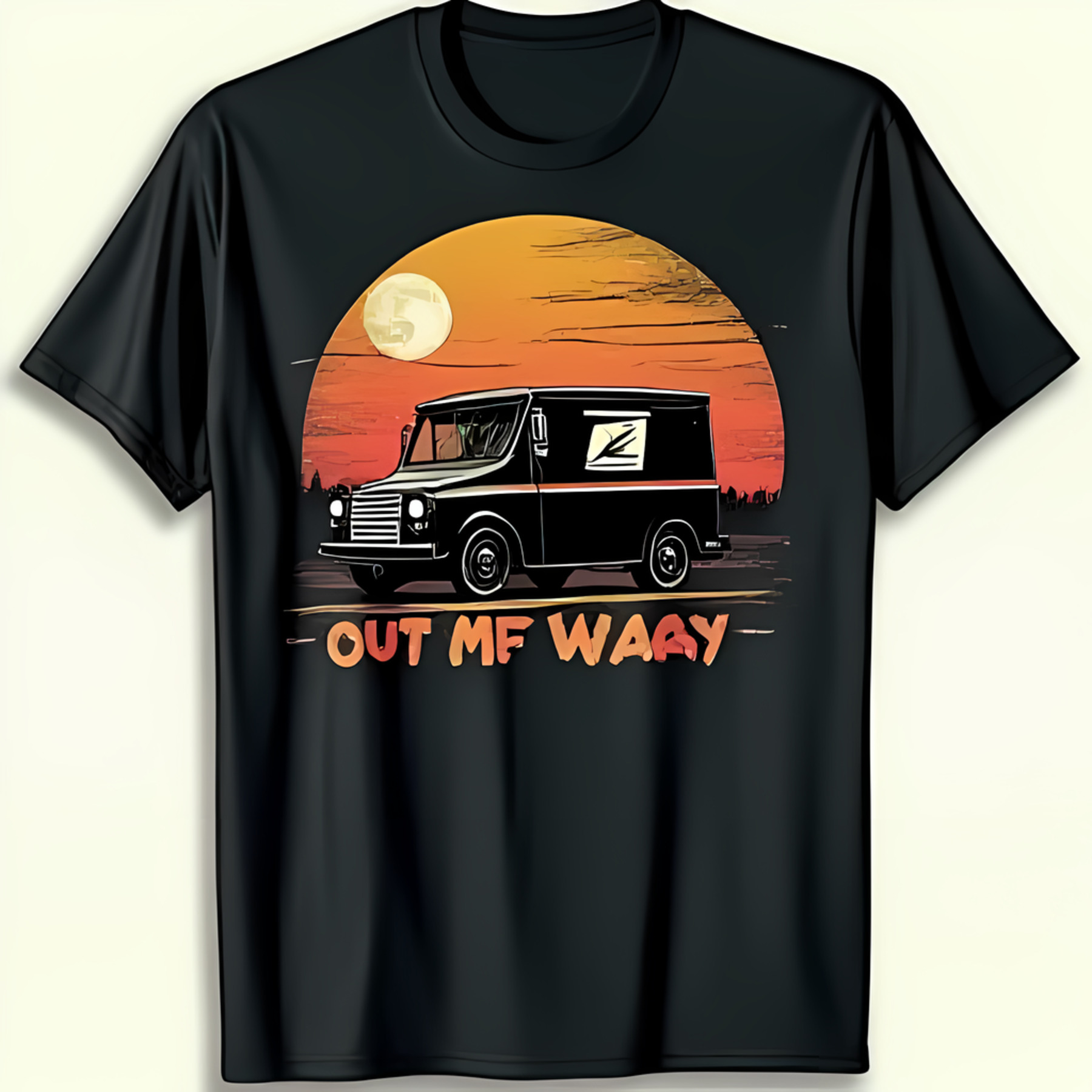 Black T-Shirt with Bold Mail Truck Graphic and Sunset Design 'OUT MF ...