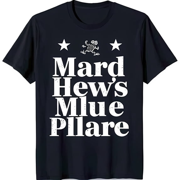 Black T-Shirt with Bold 'Mard Hew's Blue Pillare' Text & Stars Design ...