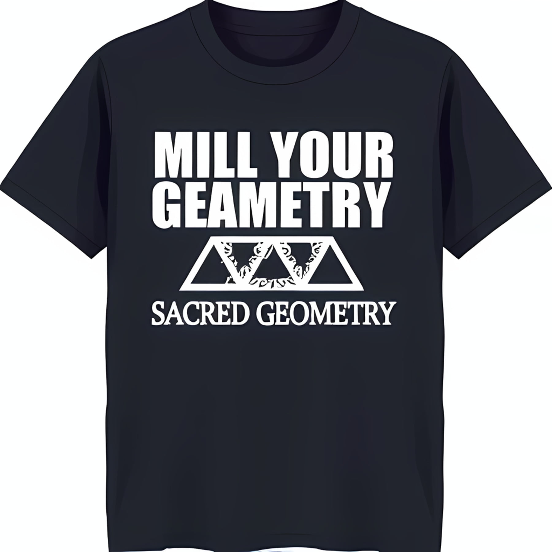 Black T-Shirt with Bold 'Mill Your Geametry' Graphic & Intricate ...