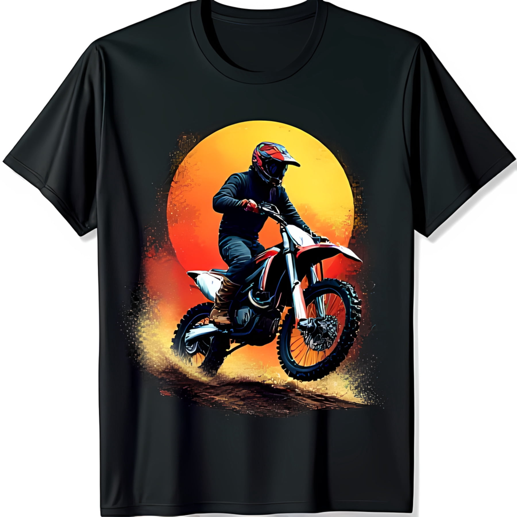Black T-Shirt with Bold Motocross Rider Graphic Against Sunset ...
