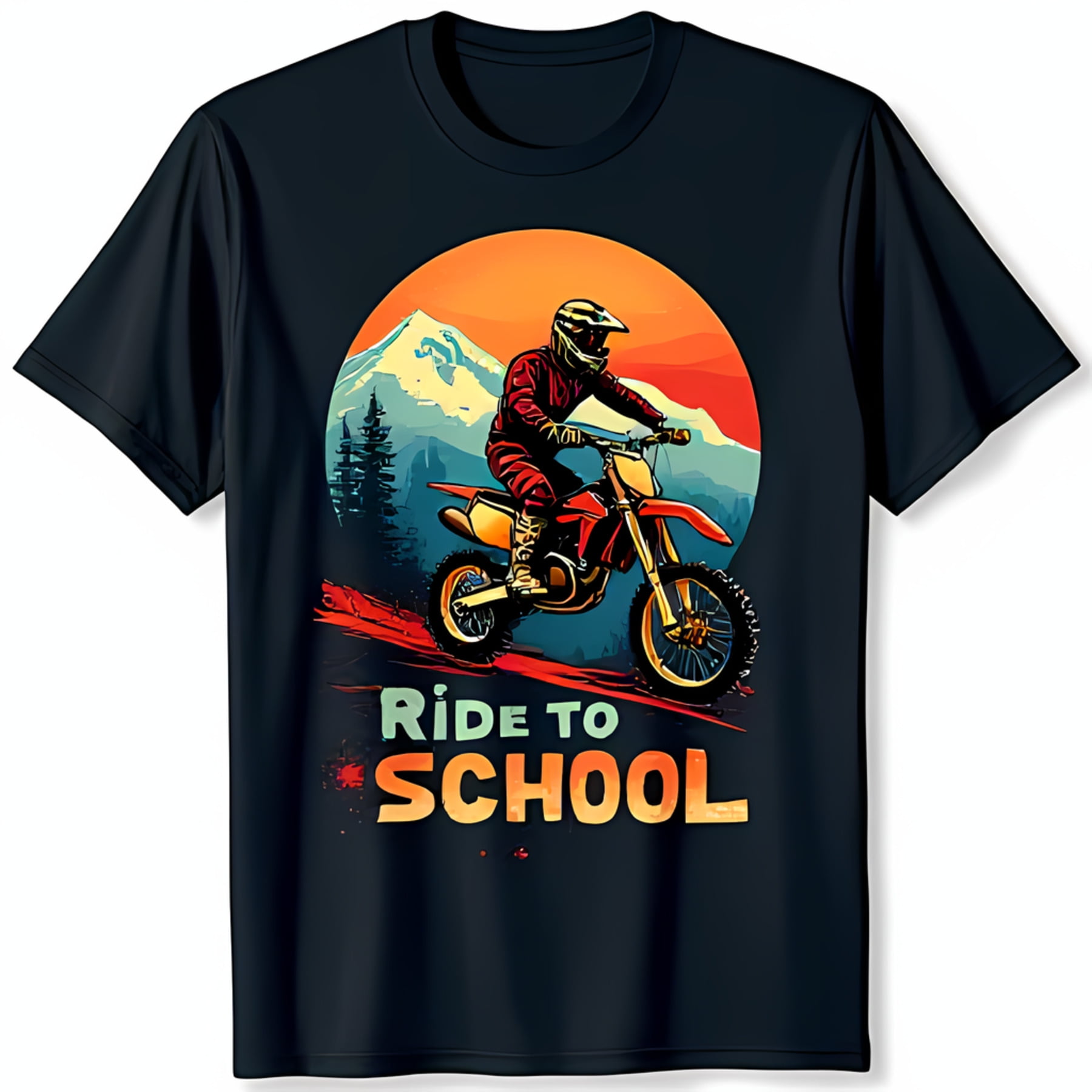 Black T-Shirt with Bold Motocross Rider Graphic 'Ride to School' Design ...
