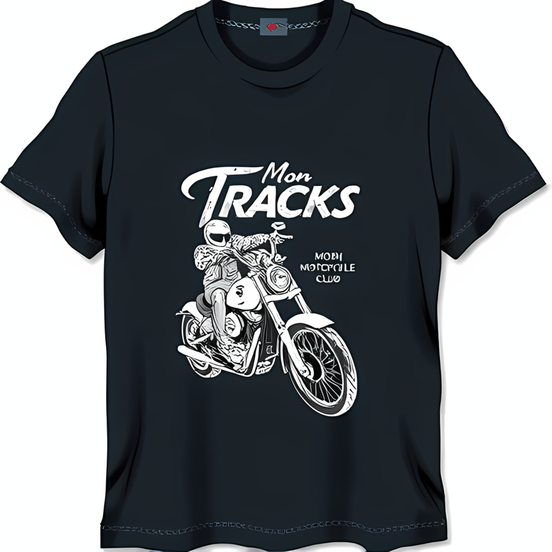 Black T-Shirt with Bold Motorcycle Graphic 'Mon Tracks' & 'Morn Motorcycle Club' Design ...