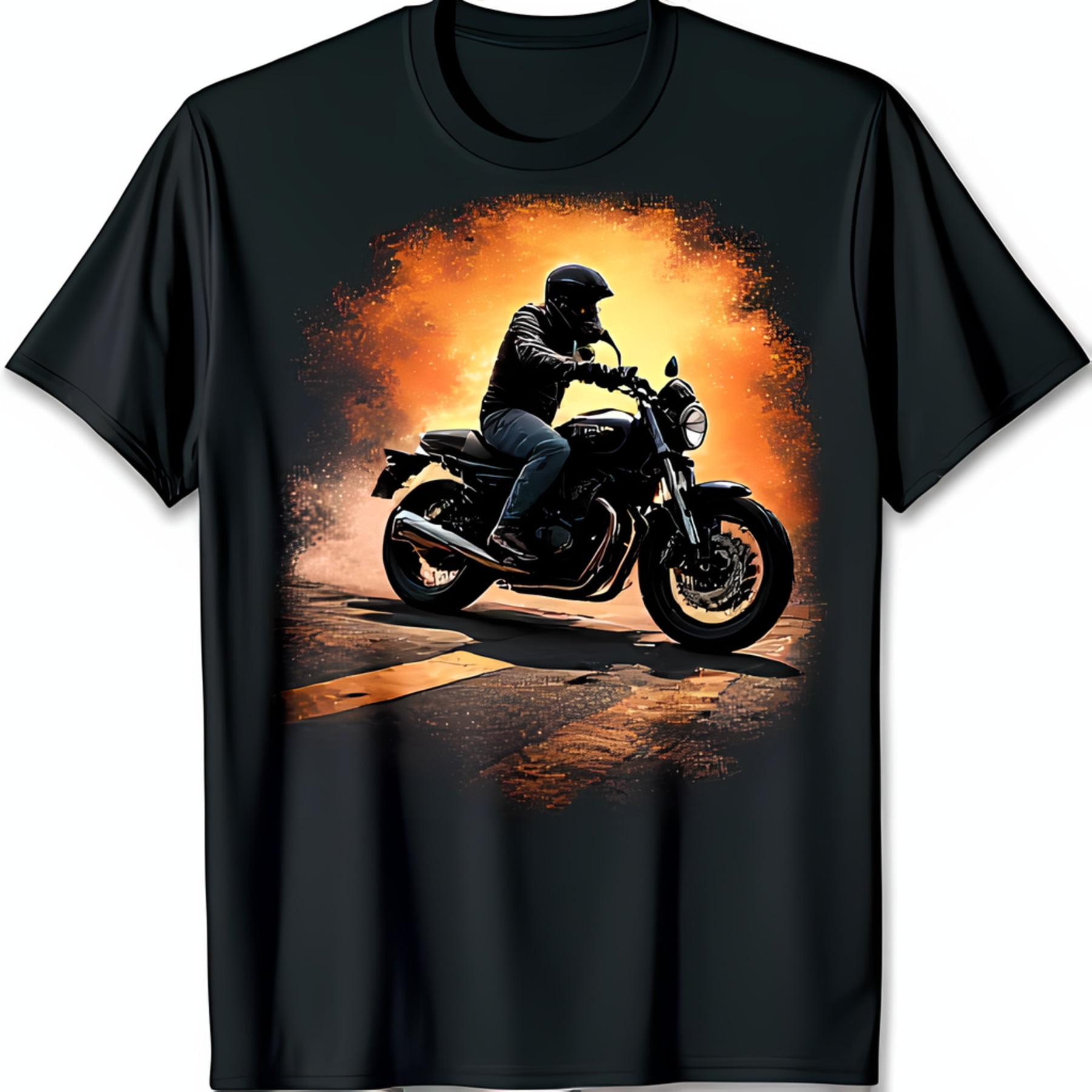 Black T-Shirt with Bold Motorcycle Rider Graphic and Sunset Splash ...