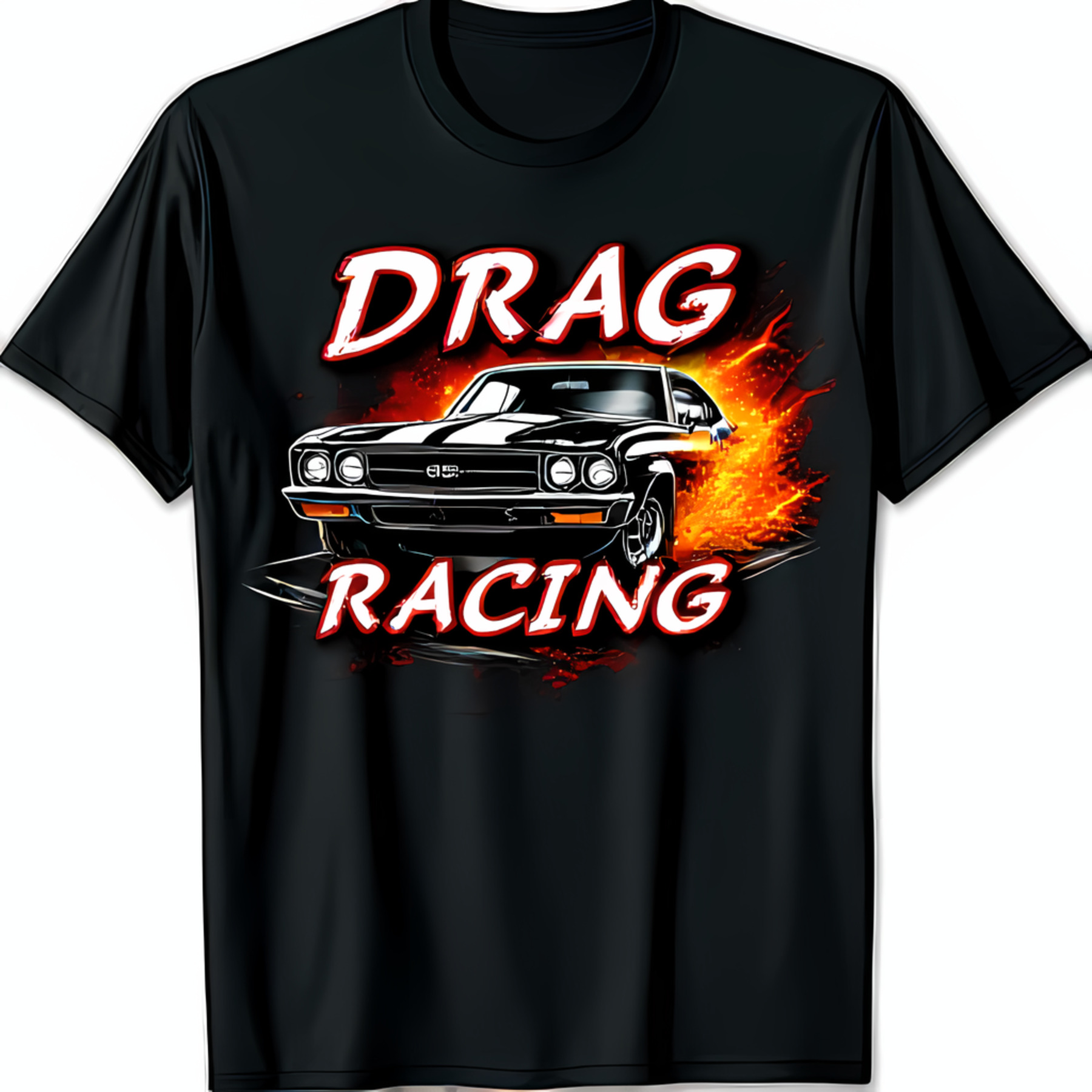 Black T-Shirt with Bold Muscle Car Graphic & DRAG RACING Design ...